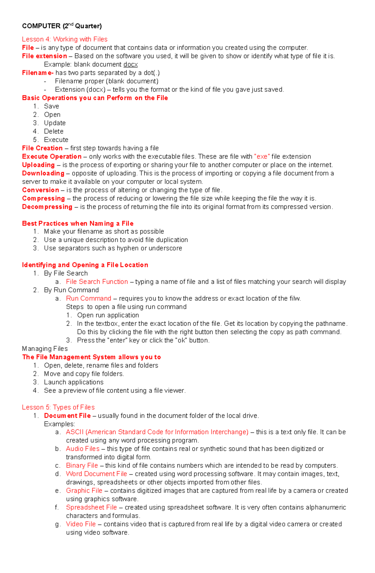 Computer - notes - COMPUTER (2nd Quarter) Lesson 4: Working with Files ...