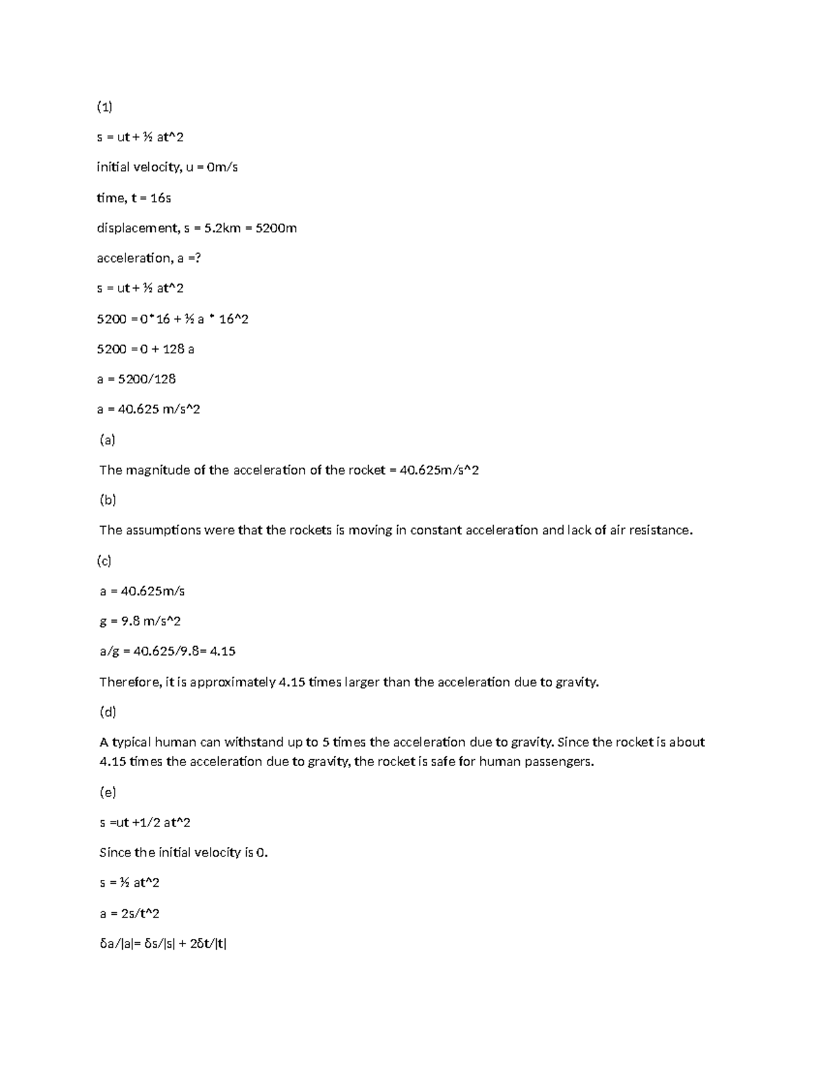 Prelab-3 - Prelab-3 - (1) s = ut + ½ at^ initial velocity, u = 0m/s ...