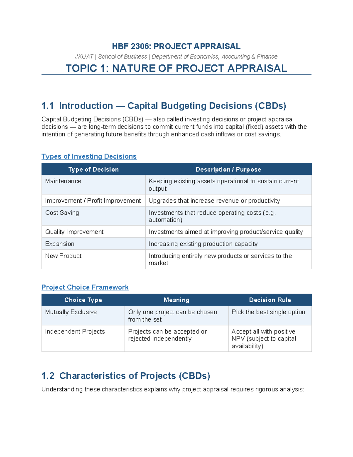 HBF 2306: Topic 1 Project Appraisal Notes - Capital Budgeting Insights ...