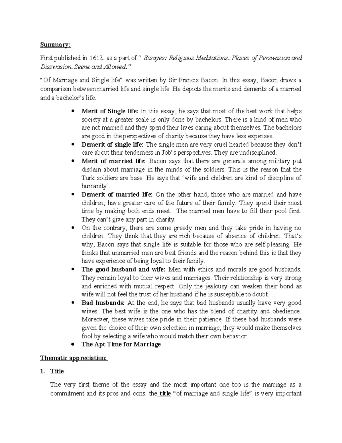Of marriage essay analysis - Summary: First published in 1612, as a ...