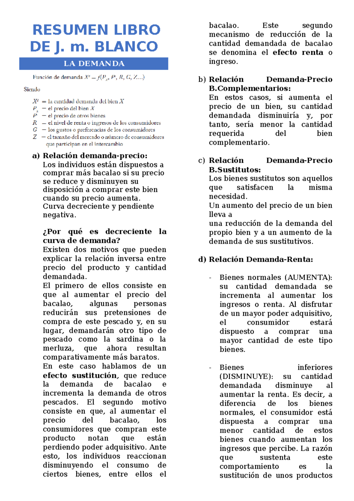 Resumen del Libro de J.M. Blanco sobre la Demanda de Bacalao - Studocu