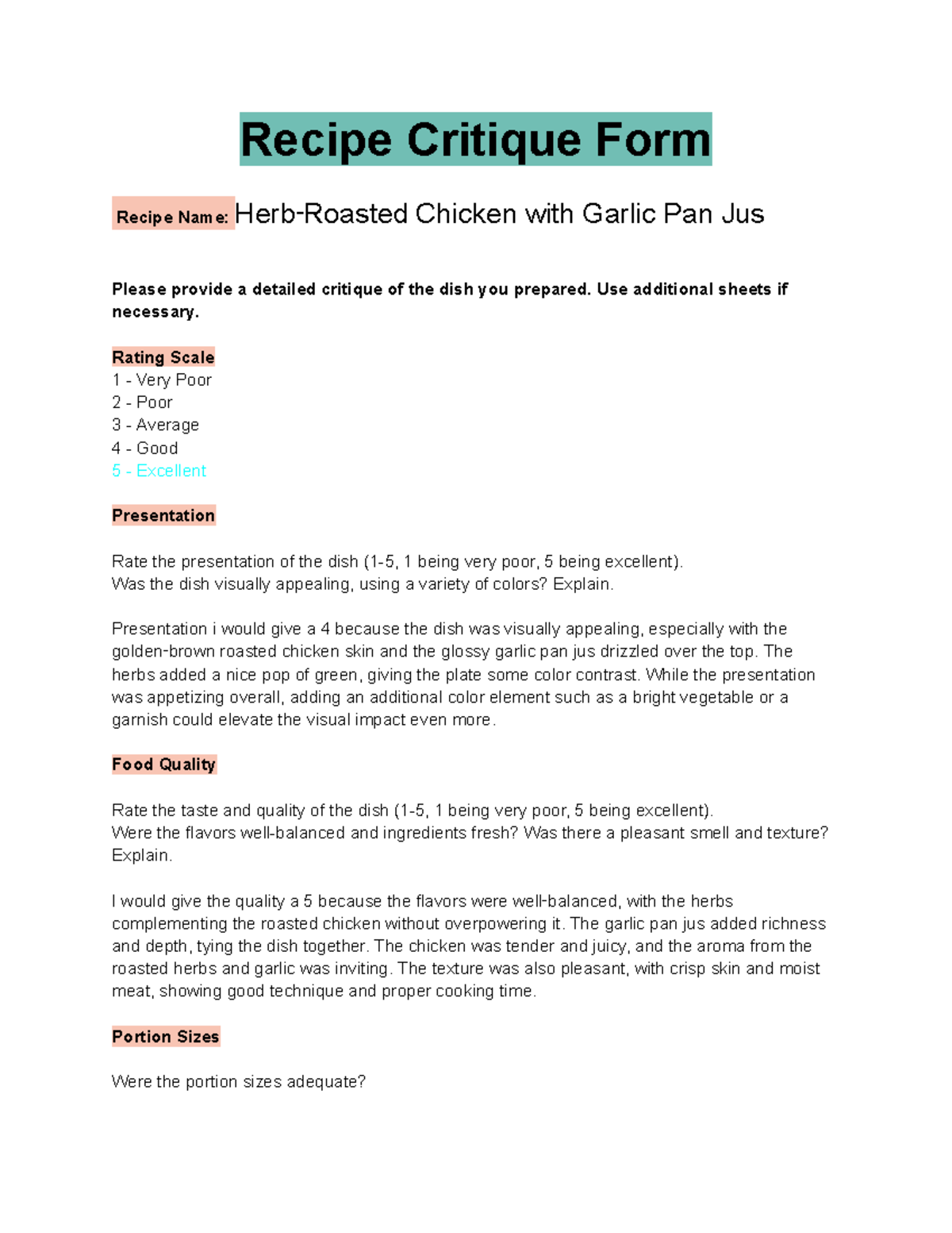 2.05 Recipe Critique Form: Chicken with Garlic Pan Review - Studocu