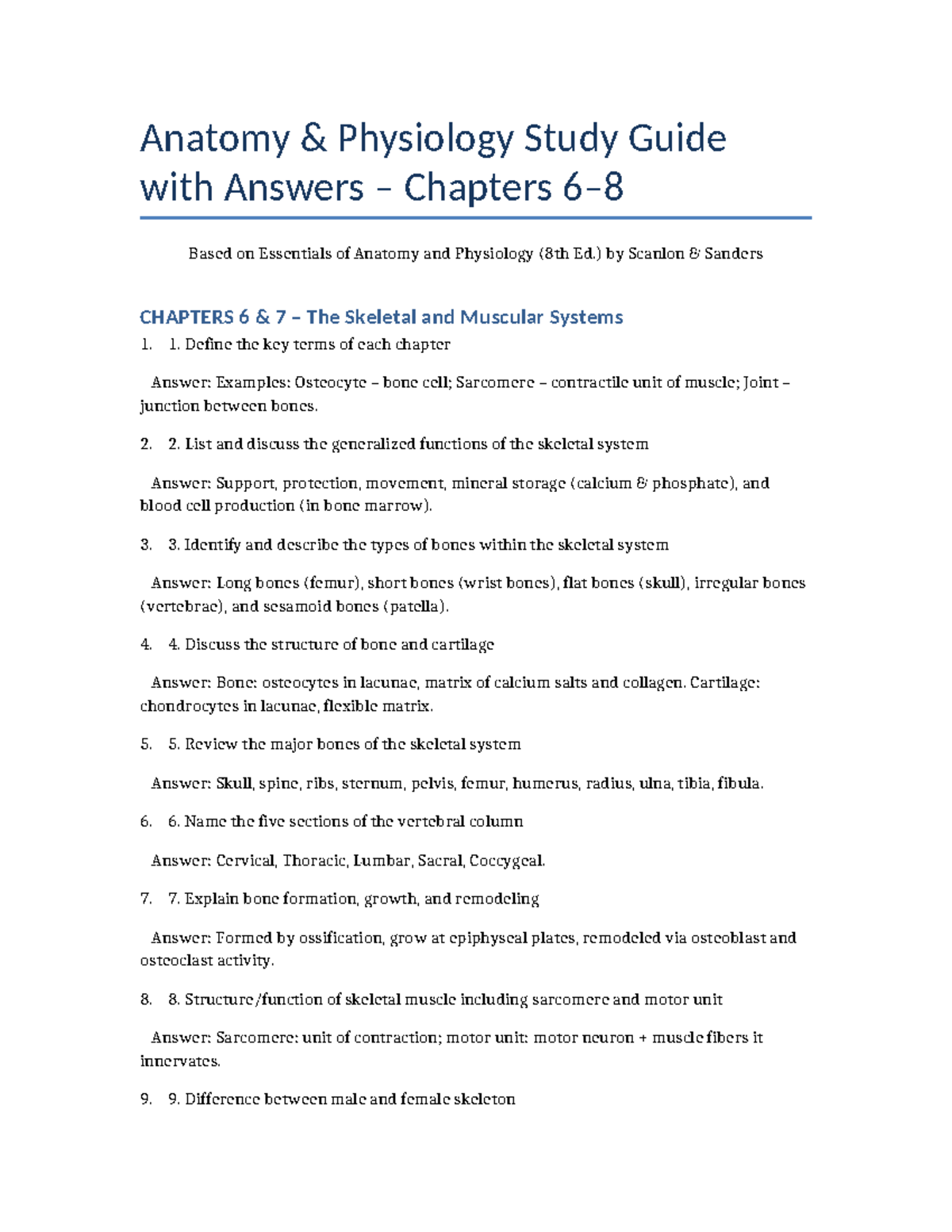 Anatomy & Physiology Study Guide 2: Skeletal & Muscular Systems ...