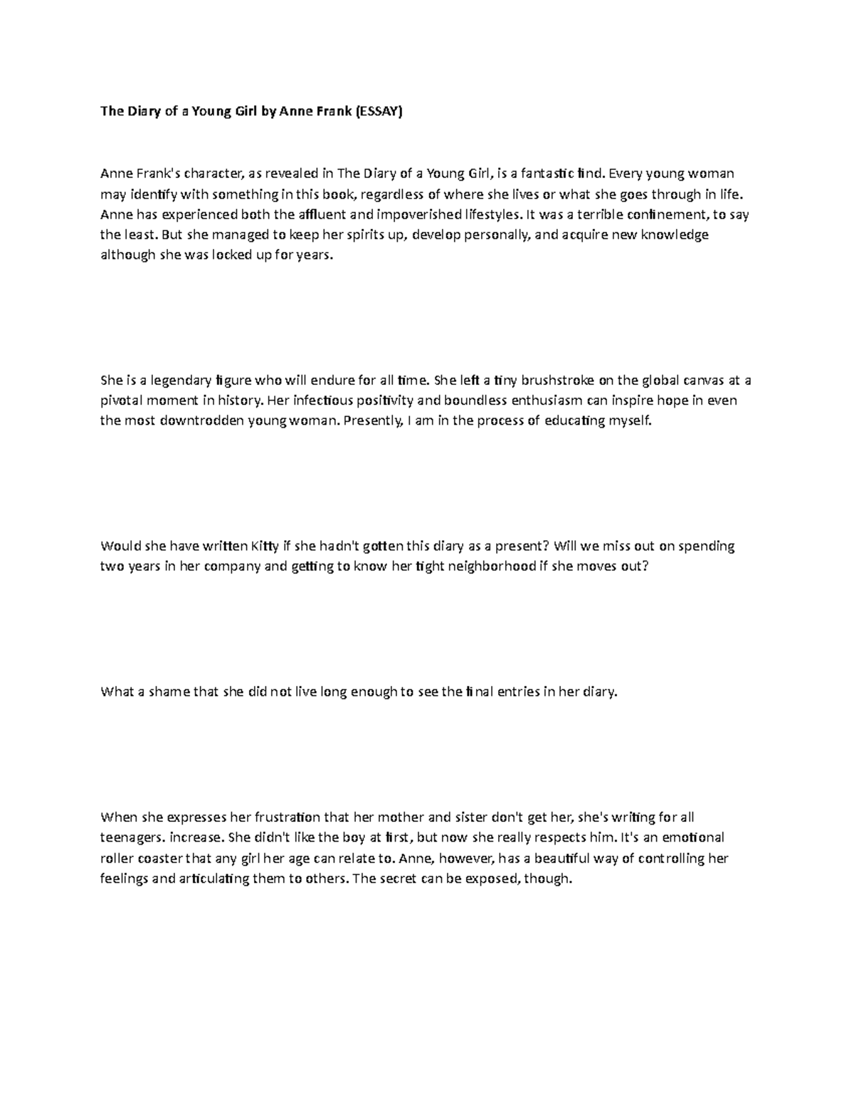 Essay Notes on Anne Frank's The Diary of a Young Girl (ENG 101) - Studocu