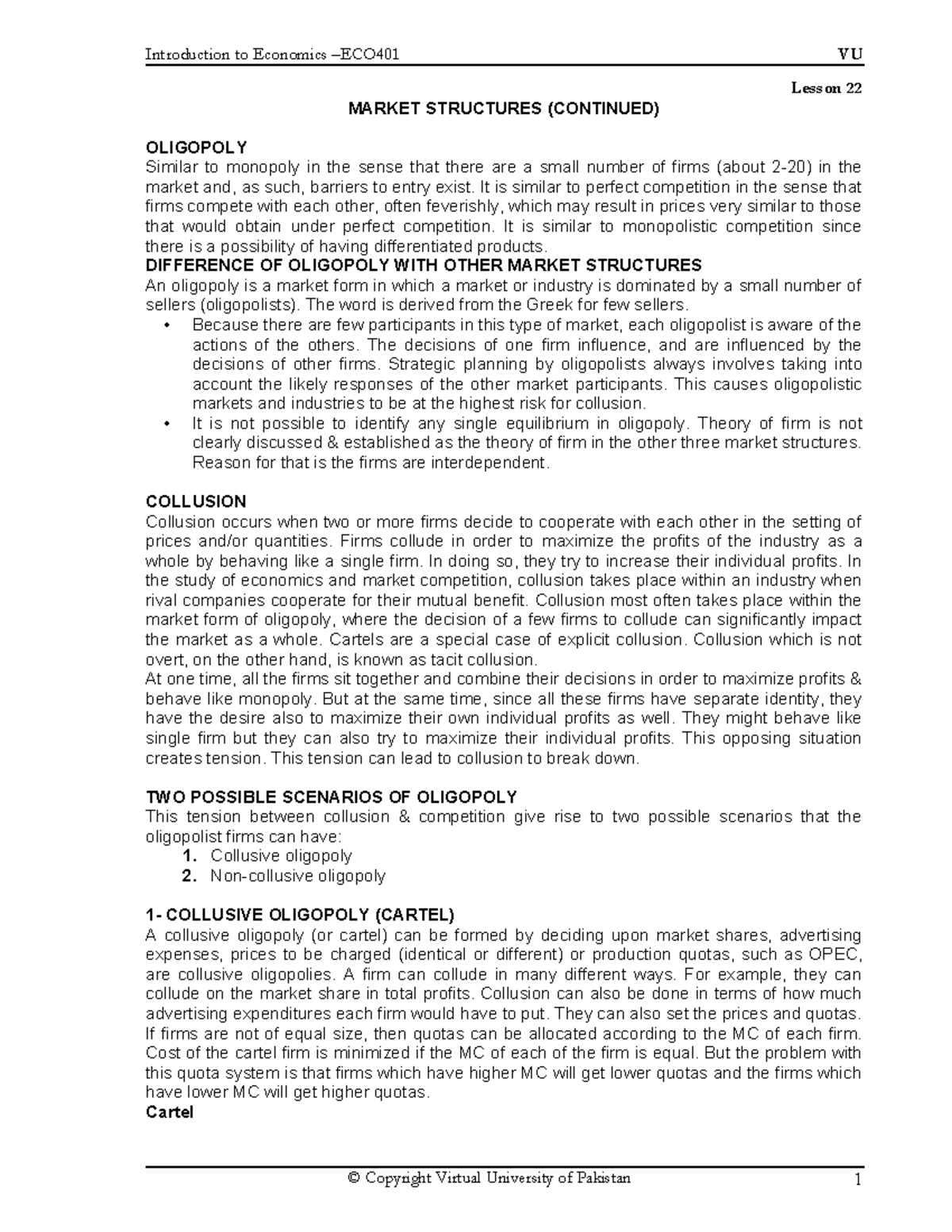VU Introduction to Economics Lesson 22: Oligopoly and Market Structures ...