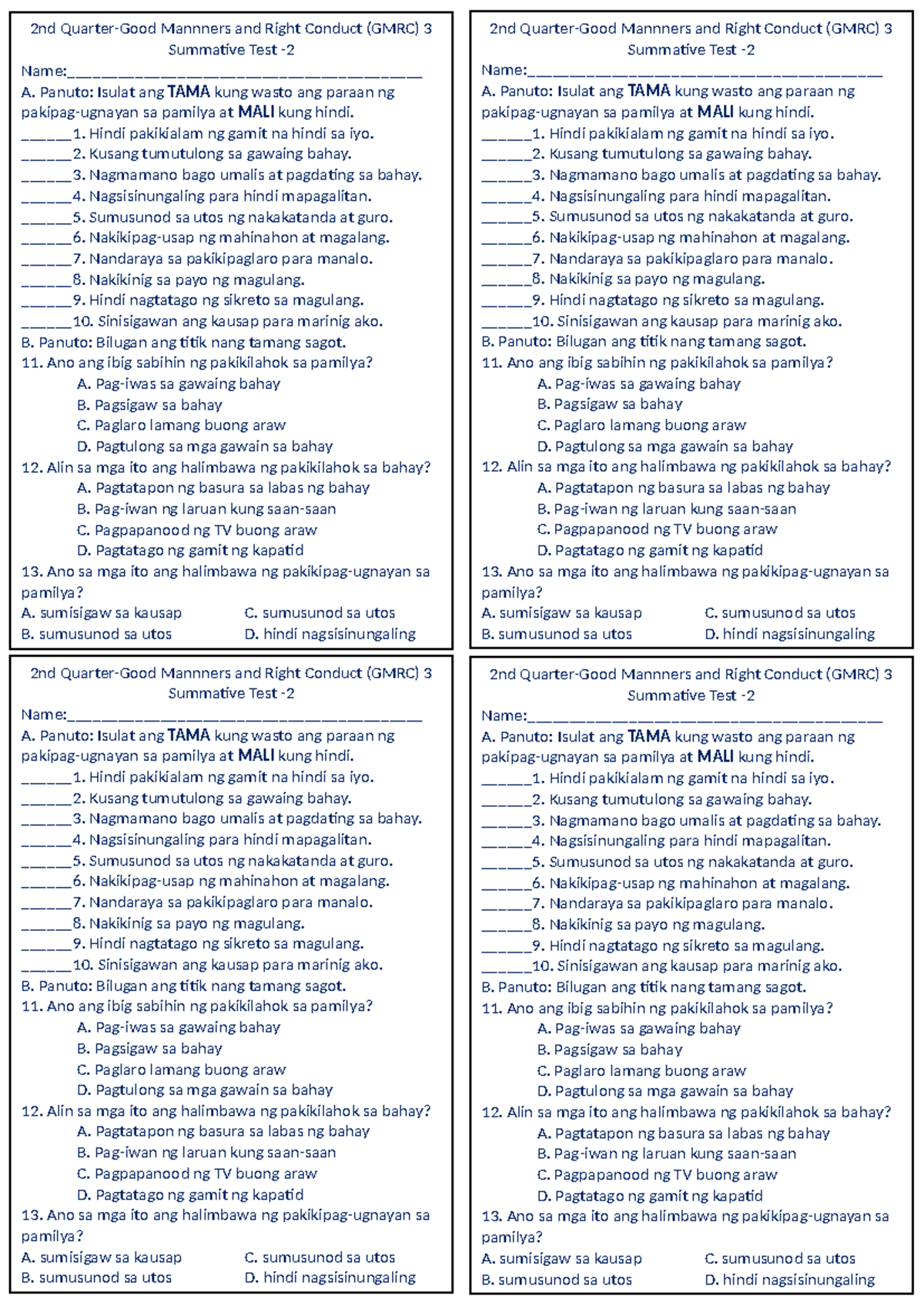GMRC 3 2nd Quarter Summative Test on Right Conduct - Studocu