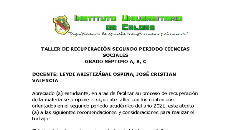 Taller de Recuperación Segundo Período Ciencias Sociales 7A, B, C - Studocu