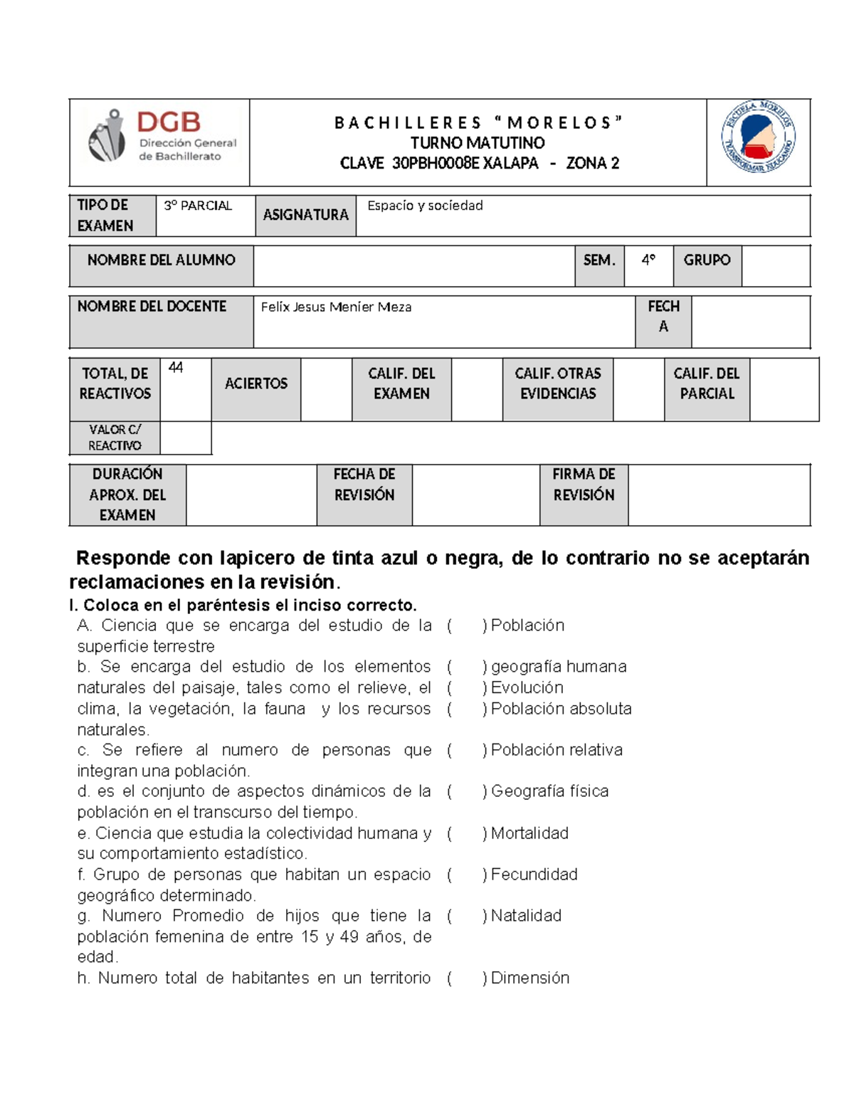 Examen Parcial Espacio y Sociedad - BACHILLERES XALAPA - Studocu