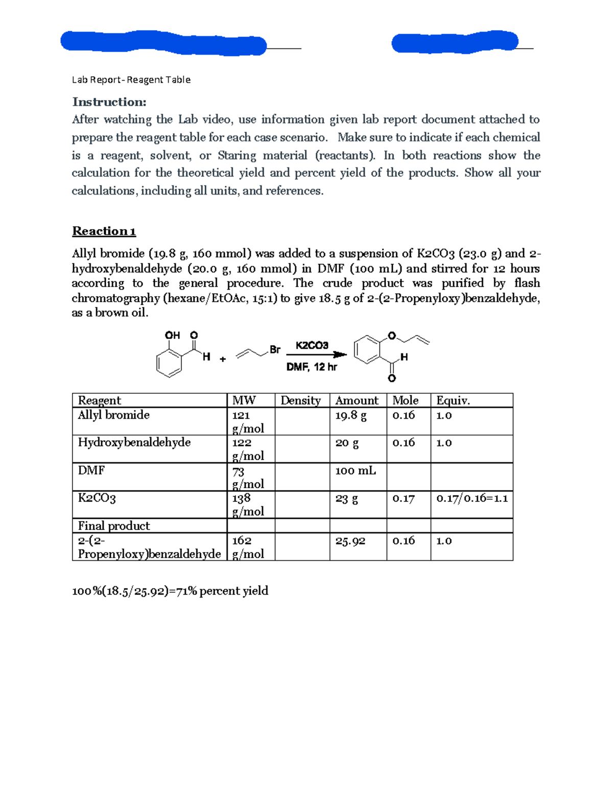 Lab Report (Chem 102): Reagent Table & Yield Calculations - Studocu