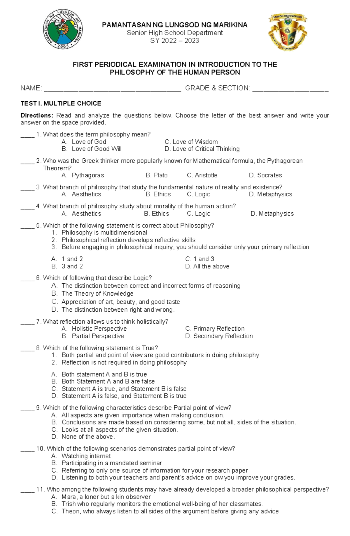 Intro to Philo First Periodical TEST WITH Answer KEY - PAMANTASAN NG ...