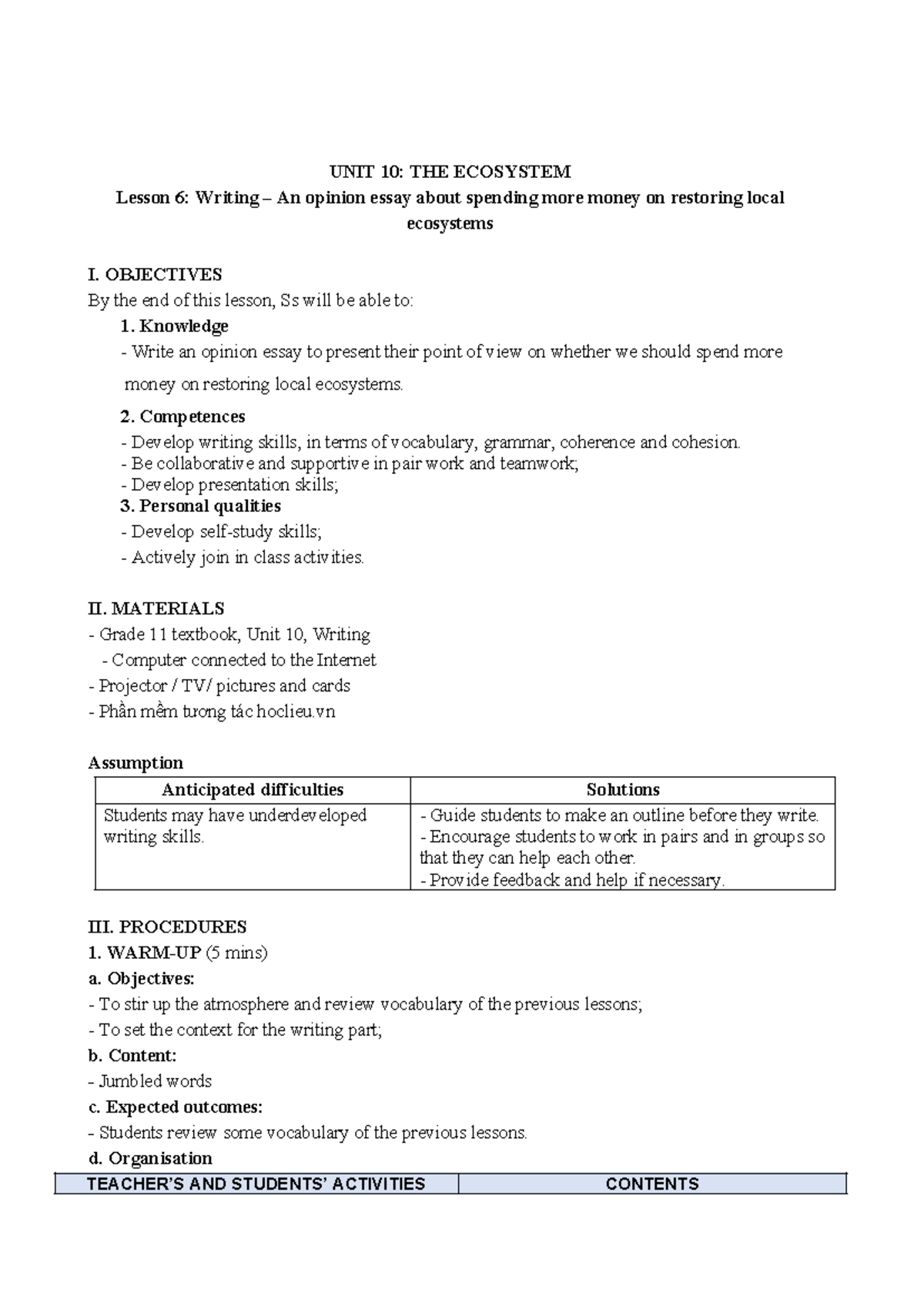 Grade 11 Unit 10: Ecosystem Lesson 6 - Opinion Essay on Ecosystem ...