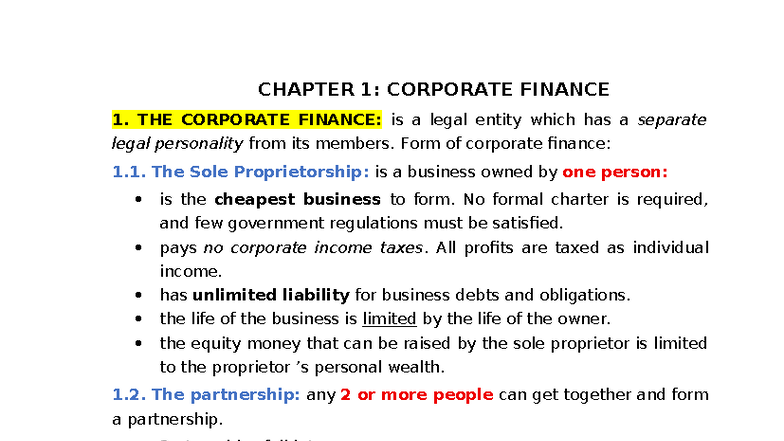 CHAPTER 1: CORPORATE FINANCE - Key Concepts and Structures - Studocu