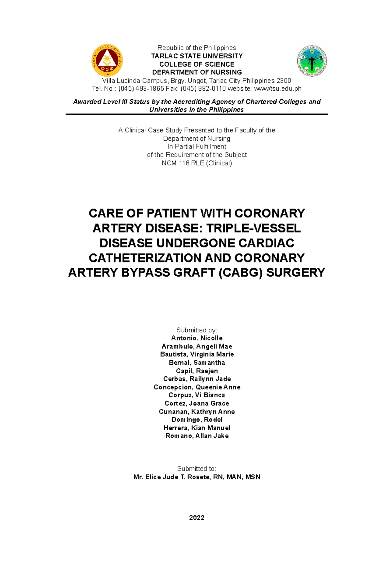 NCM 116 RLE Final Case Study: CABG in Patient with CAD - Studocu
