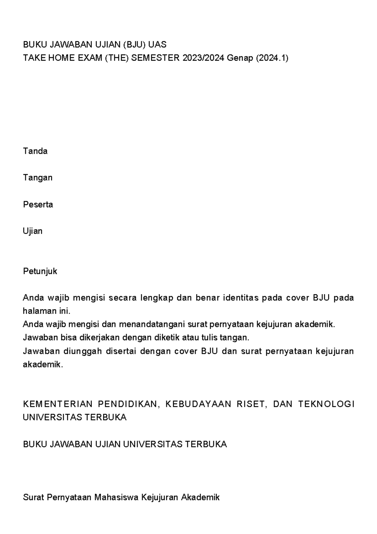 BJU UAS 2023/2024 – Buku Jawaban dan Surat Pernyataan Kejujuran - Studocu