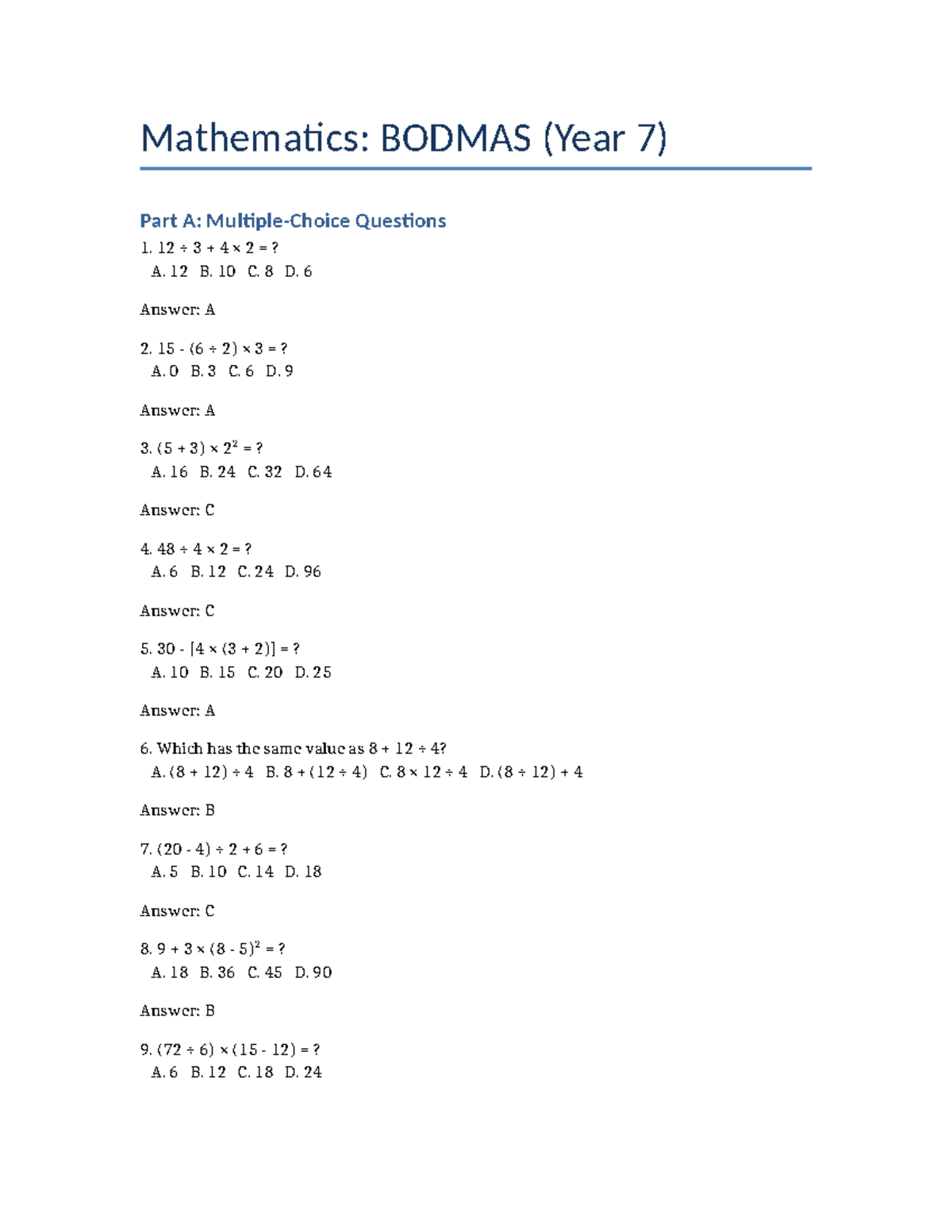 Year 7 Mathematics: BODMAS QA - Exam Revision Guide - Studocu