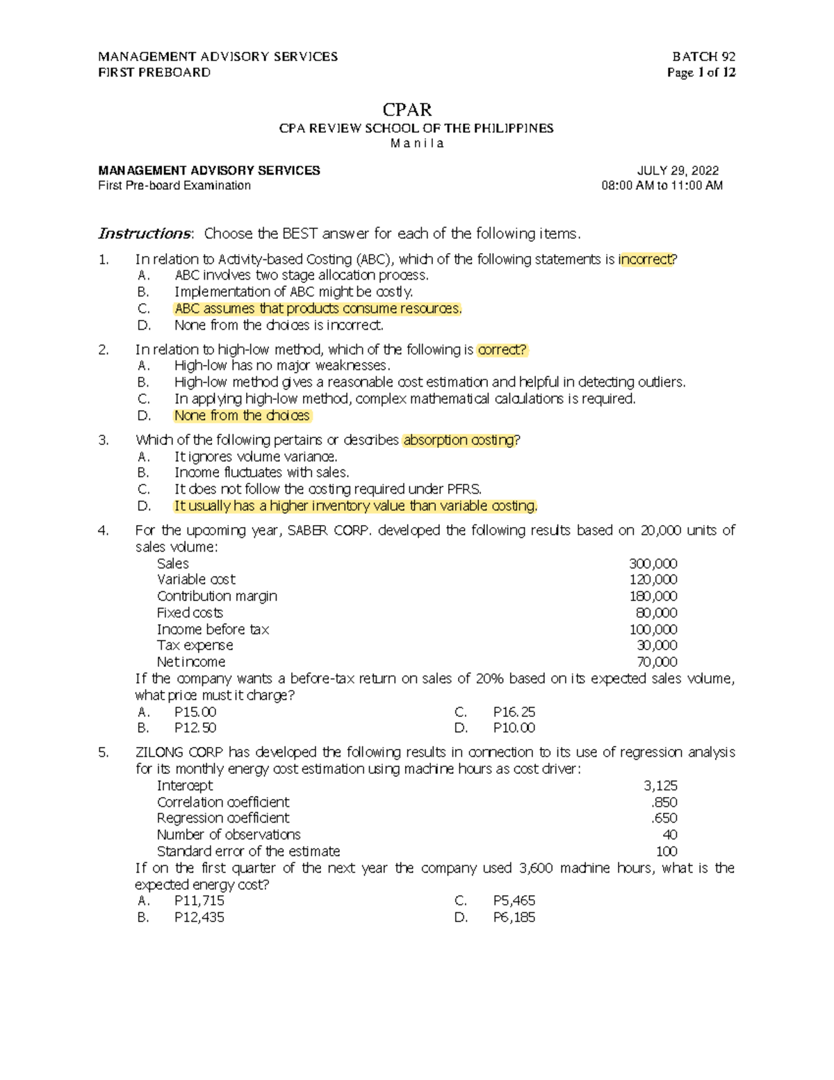 MAS - Practice material for MAS - FIRST PREBOARD Page 1 of 12 CPAR CPA ...
