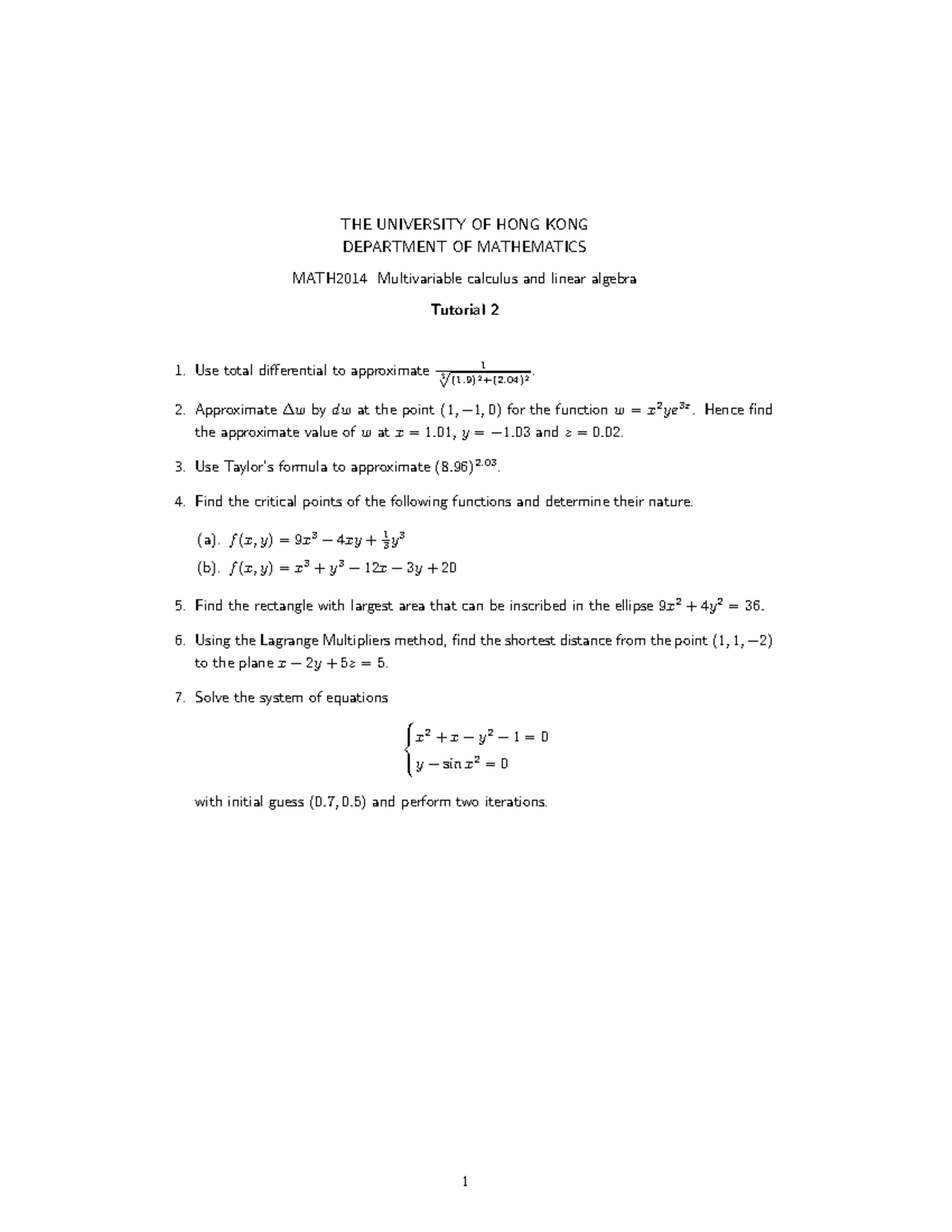 Math2014 Tutorial 2: Multivariable Calculus & Linear Algebra Solutions ...