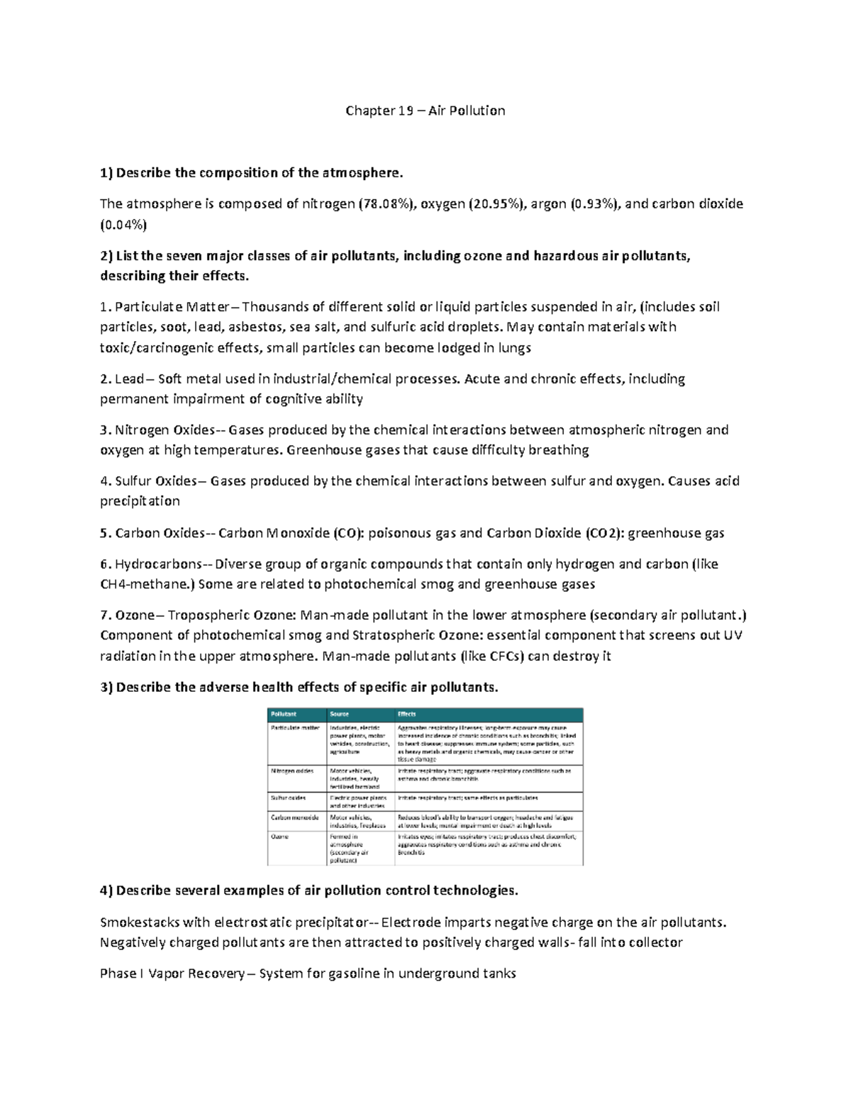 EVR- Study Guide Module 6 - Chapter 19 – Air Pollution Describe the ...