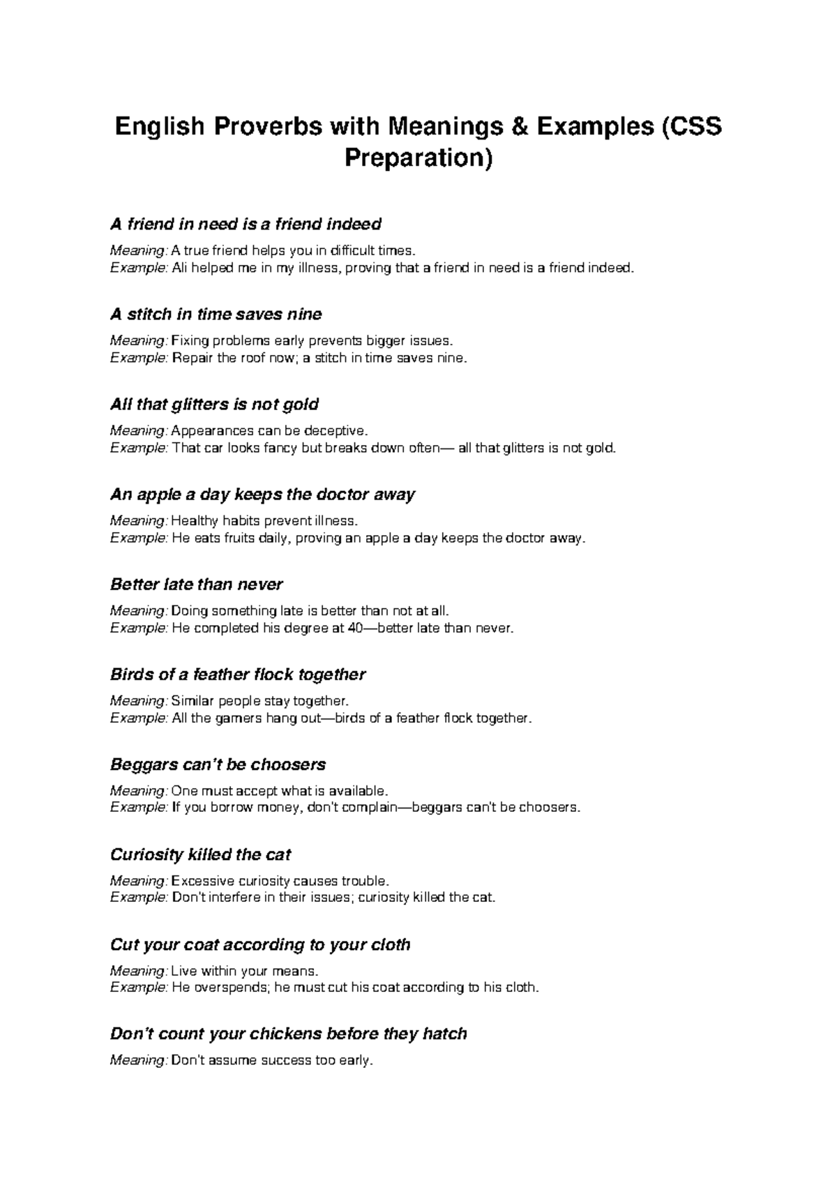 English Proverbs with Meanings & Examples (CSS - FPSC Test) - Studocu