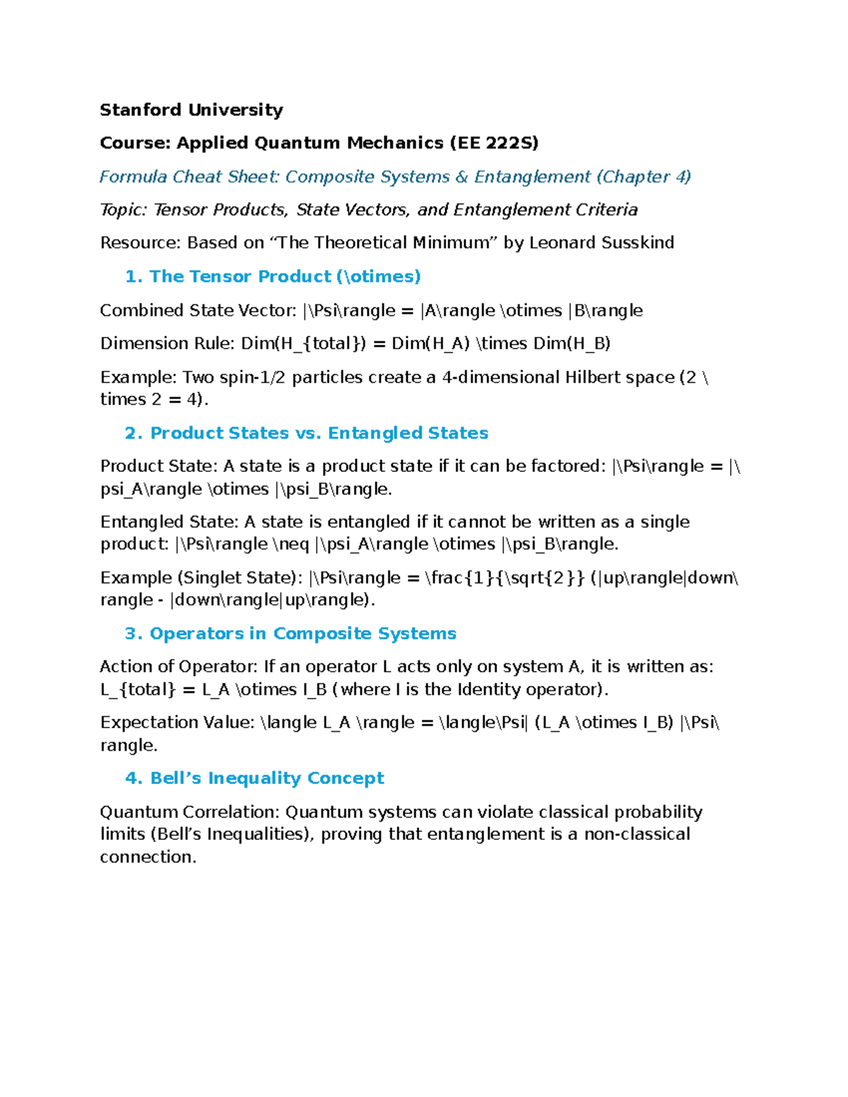 EE Quantum Mechanics (Ch 4) Formula Cheat Sheet: Entanglement & Tensor ...
