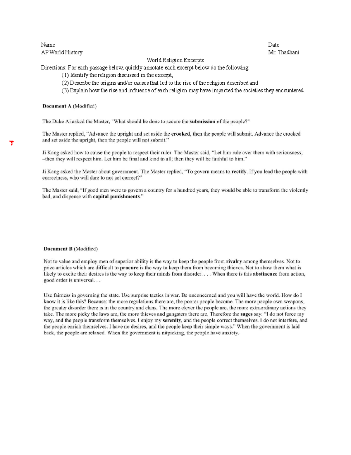 AP World History: Annotated Excerpts on World Religions - Name Date AP ...