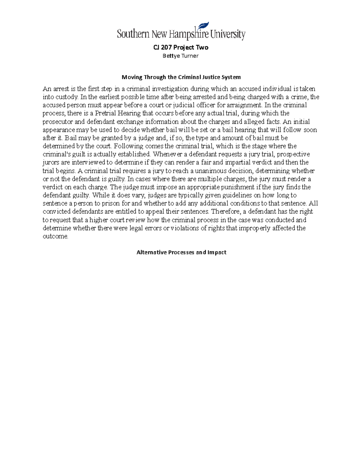 CJ 207 Project Two: Navigating the Criminal Justice System - Studocu