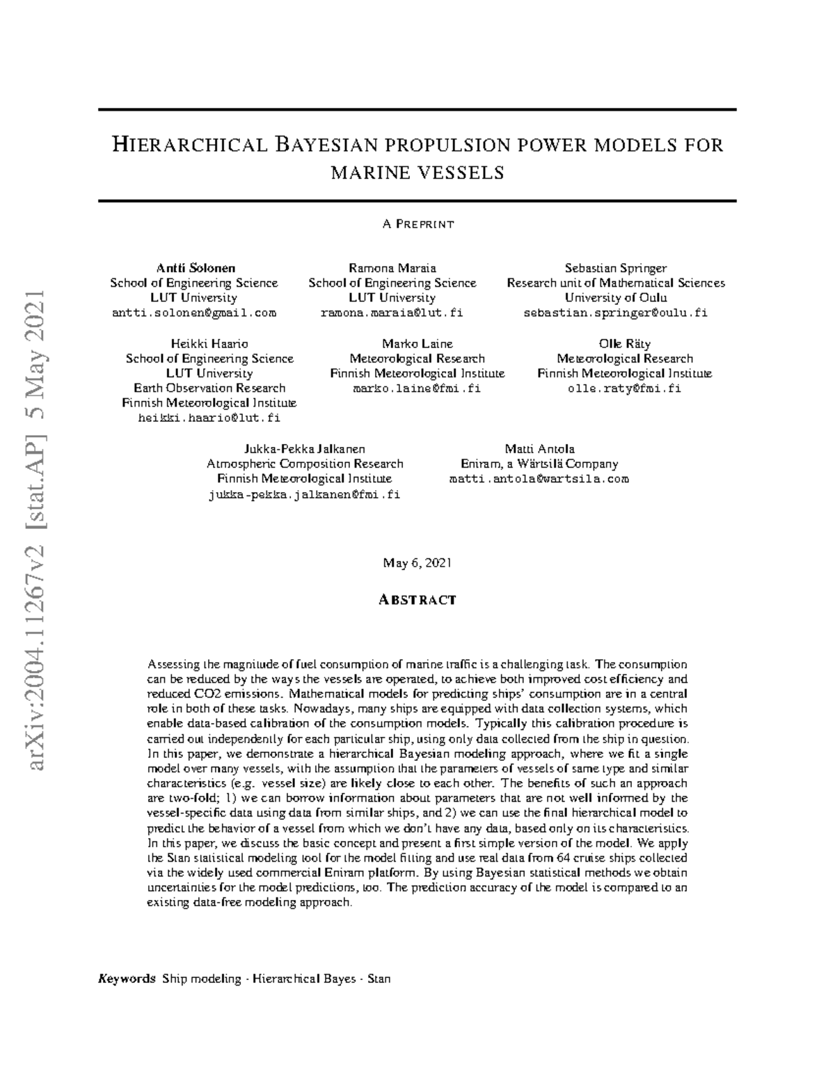 Hierarchical Bayesian Propulsion Power Models for Marine Vessels (2004 ...