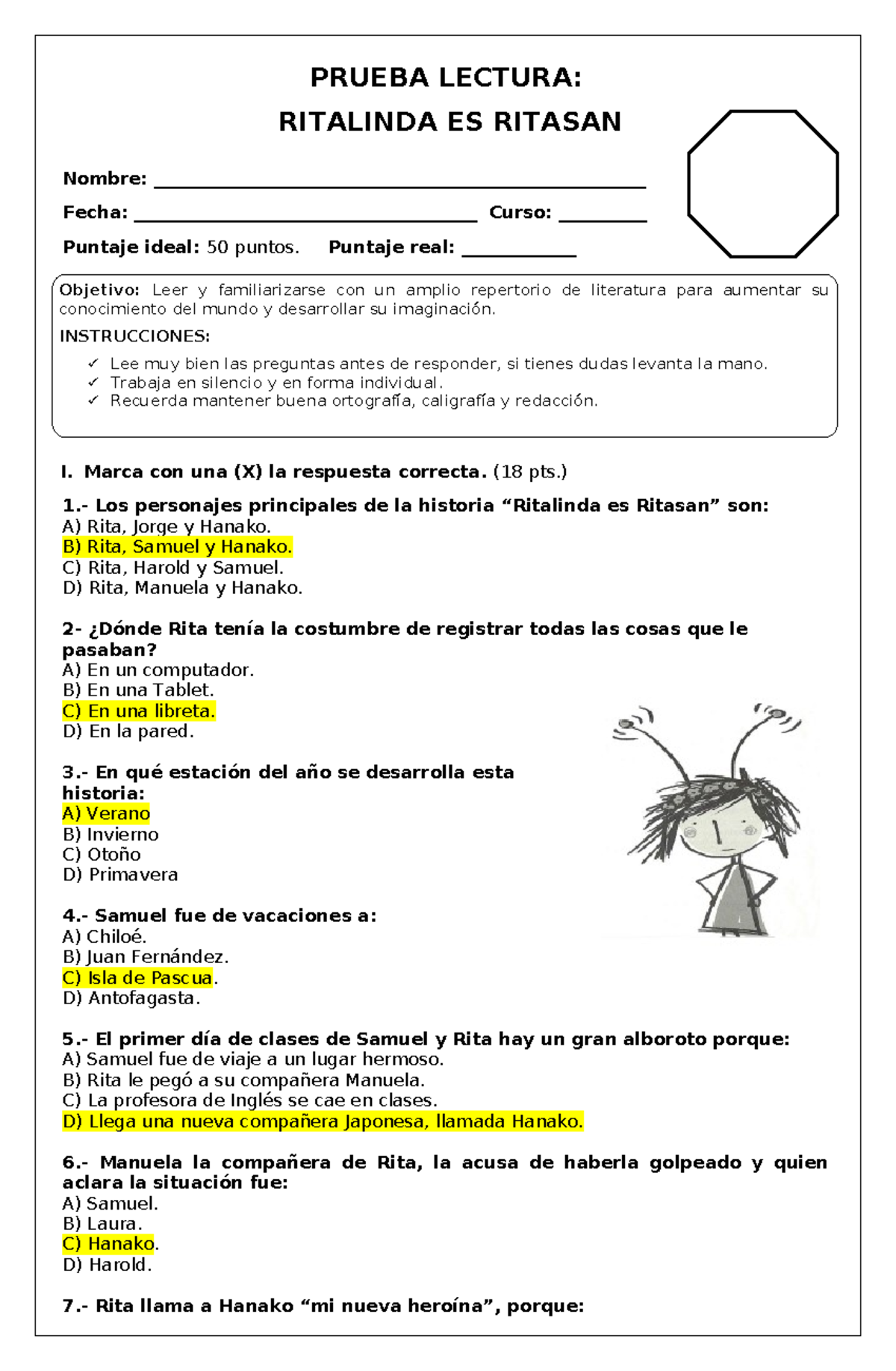 Prueba Lectura - Ritalinda es Ritasan (Beatriz Rojas) - Curso de Lengua ...