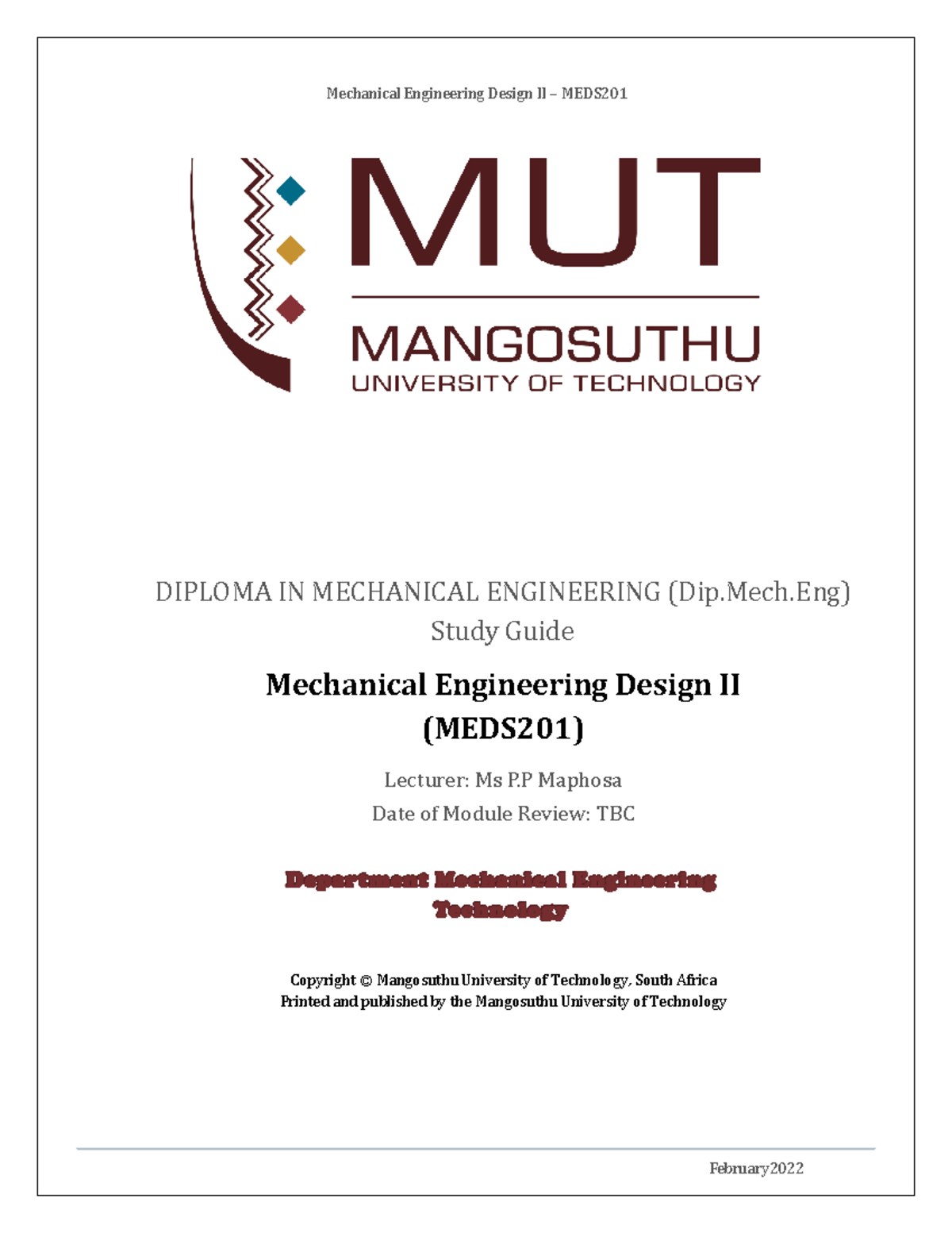 Mechanical Engineering Design II Study Guide - MEDS201 (2025) - Studocu