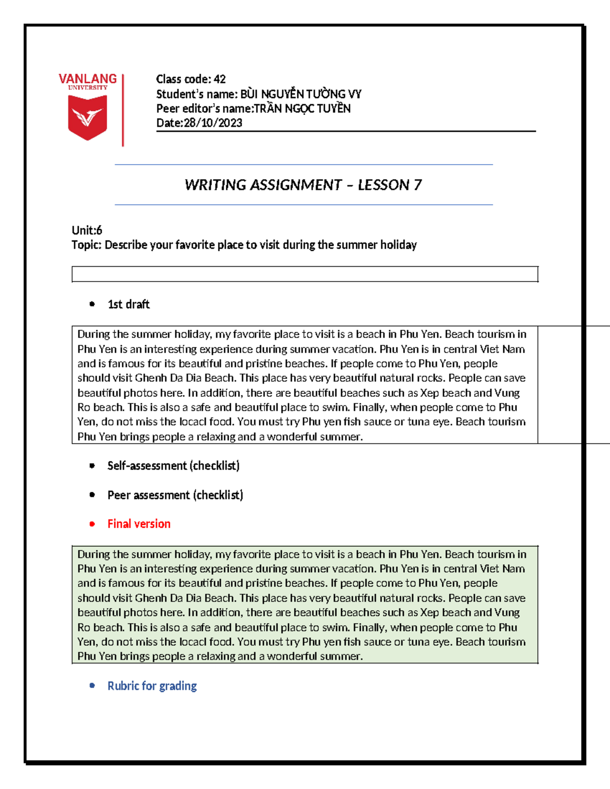 Template Writing assignment - Class code: 42 Student’s name: BÙI NGUYỄN ...