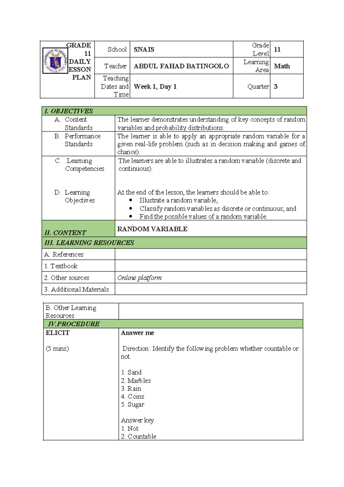 GRADE 11 MATH LESSON PLAN: RANDOM VARIABLES & PROBABILITY - Studocu