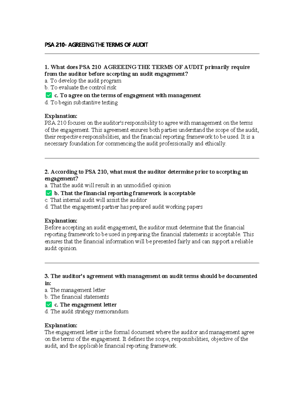 PSA 210 Audit Engagement Terms: Key Concepts and Quiz Guide - Studocu