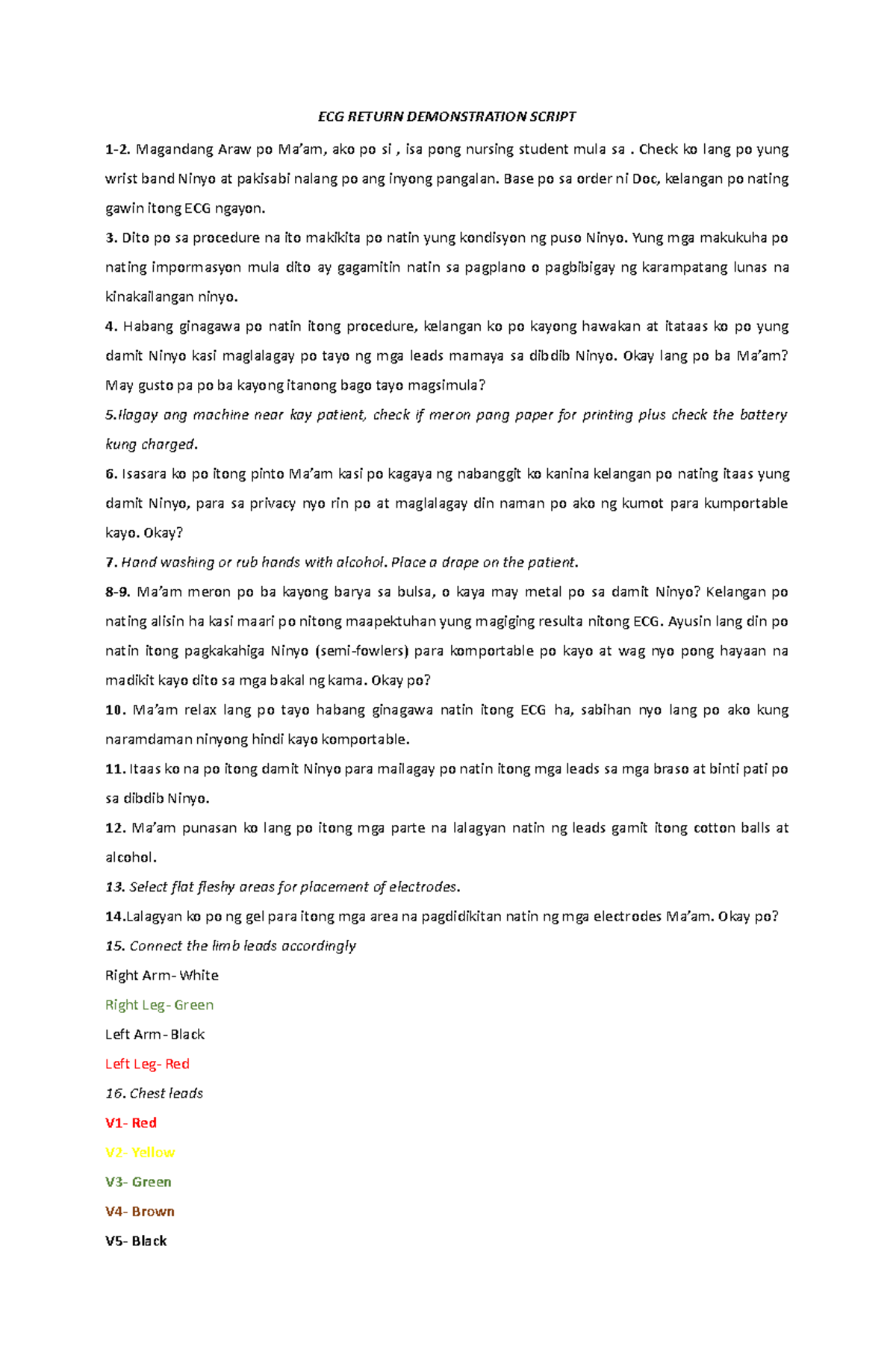 ECG Return Demonstration Script for Nursing Students - Studocu