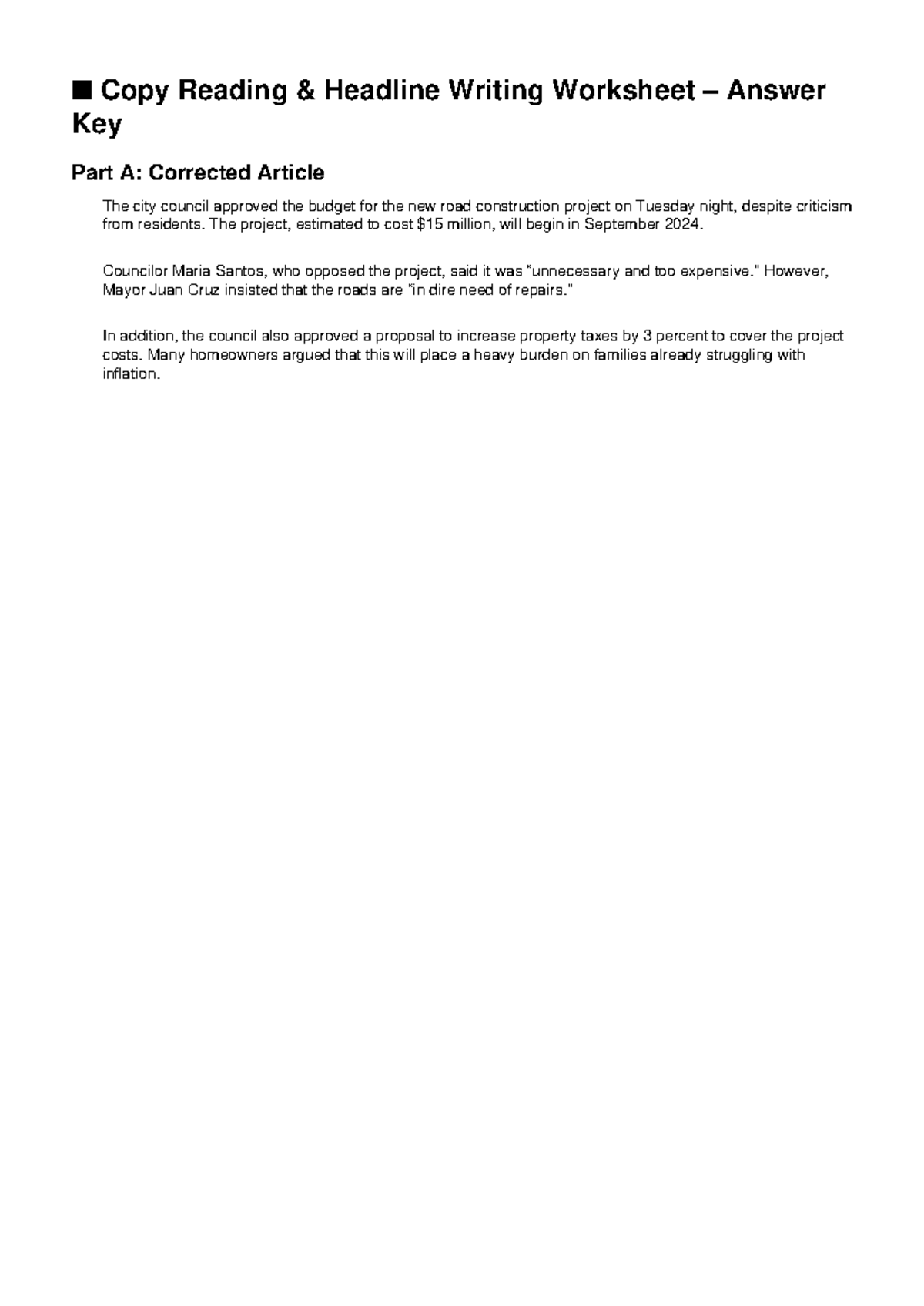 Copy Reading Headline Worksheet Answer Key: Road Project & Tax Debate ...