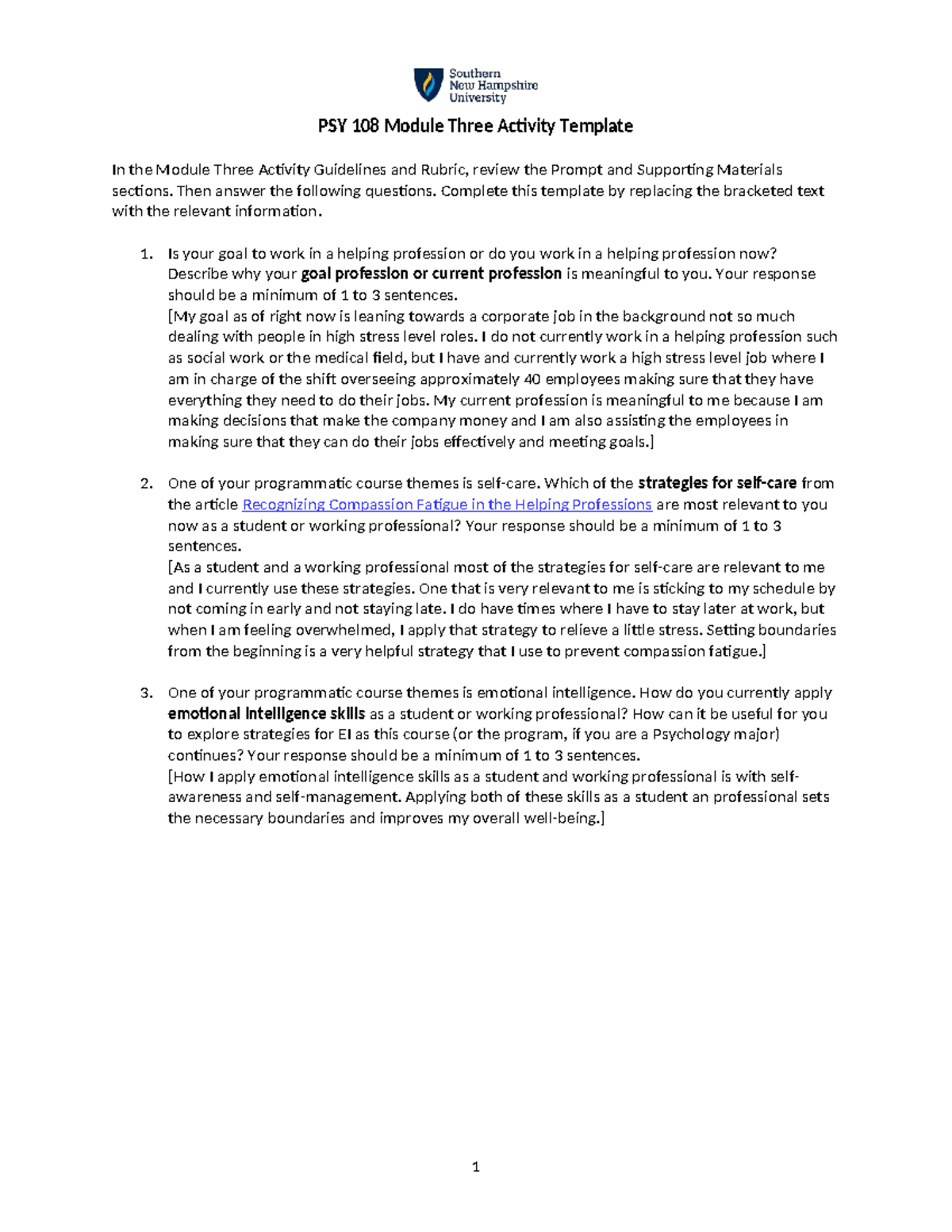 PSY 108 Module 3 Activity: Exploring Career Goals & EI Skills - Studocu