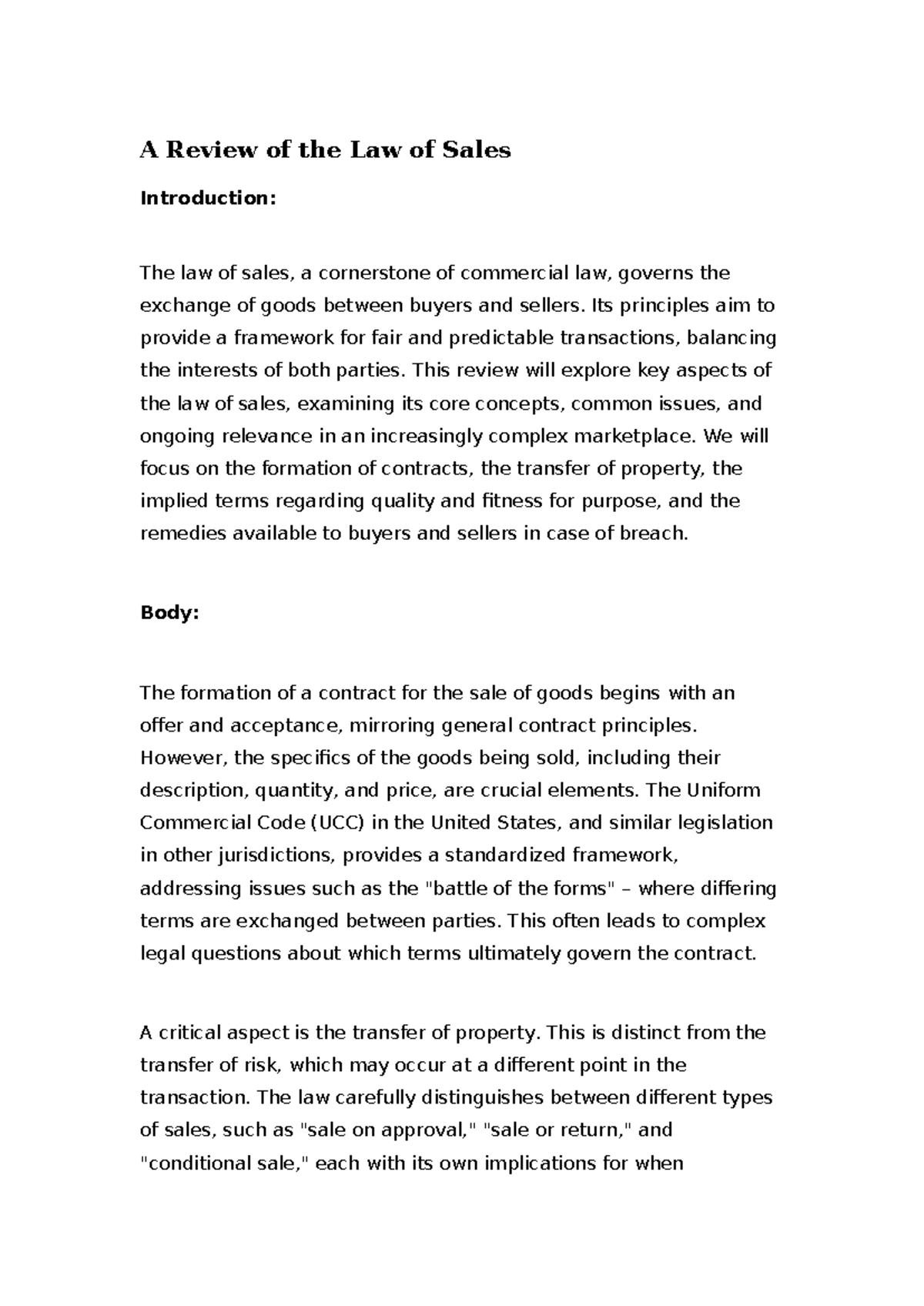 Sales Law Overview: Key Concepts and Principles - Studocu