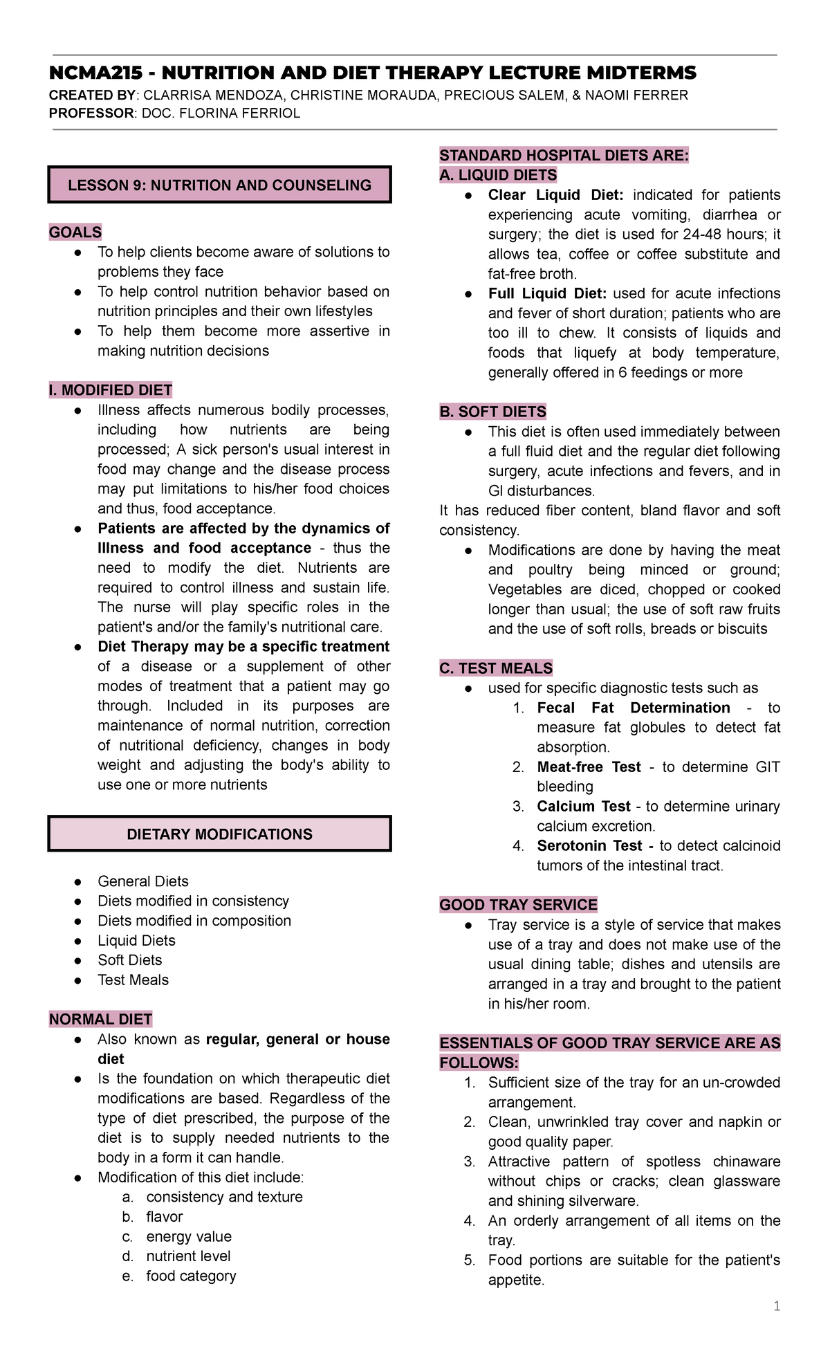 NCMA215 NUTRITION AND DIET THERAPY MIDTERM REVIEW NOTES - Studocu
