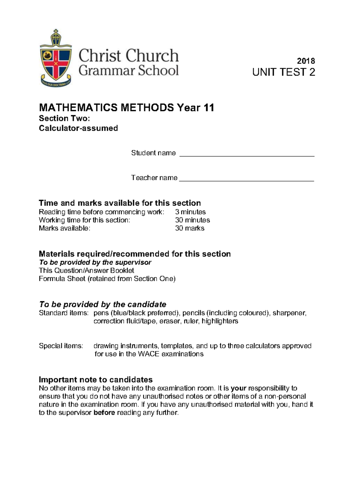 2018 UNIT TEST 2 MATHEMATICS METHODS Year 11 Practice Test - Studocu