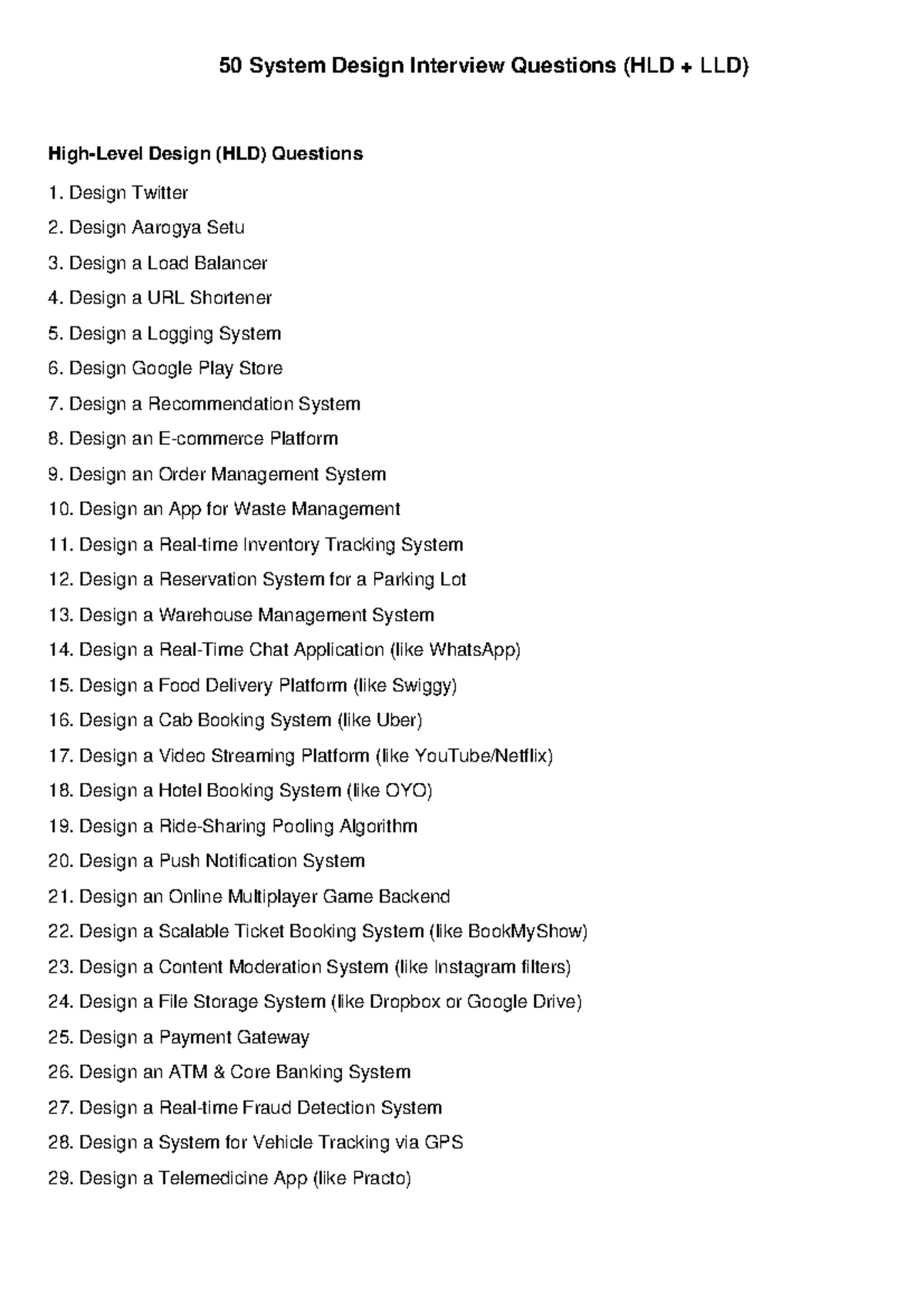 System Design Interview Questions 2025 (HLD LLD) - Studocu
