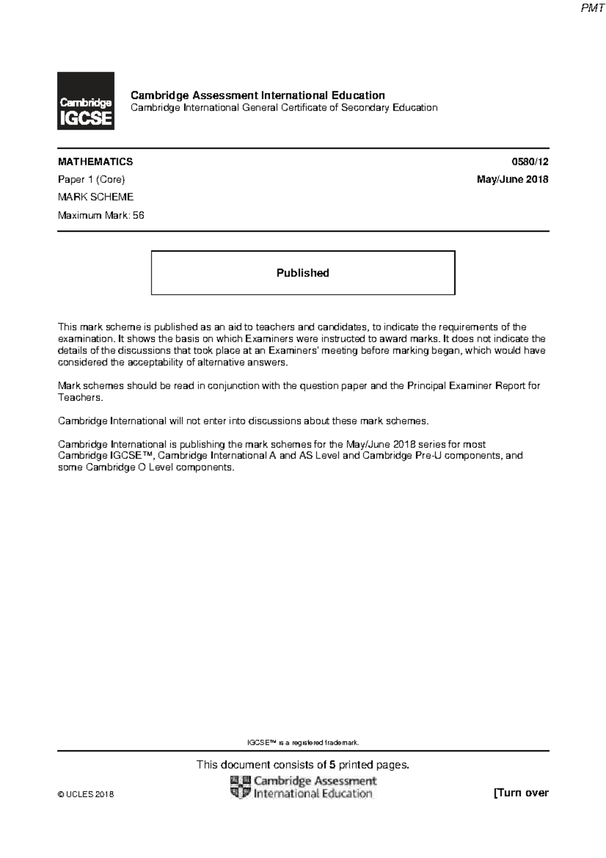 CIE IGCSE Mathematics Paper 1 (Core) 2018 Mark Scheme - Studocu