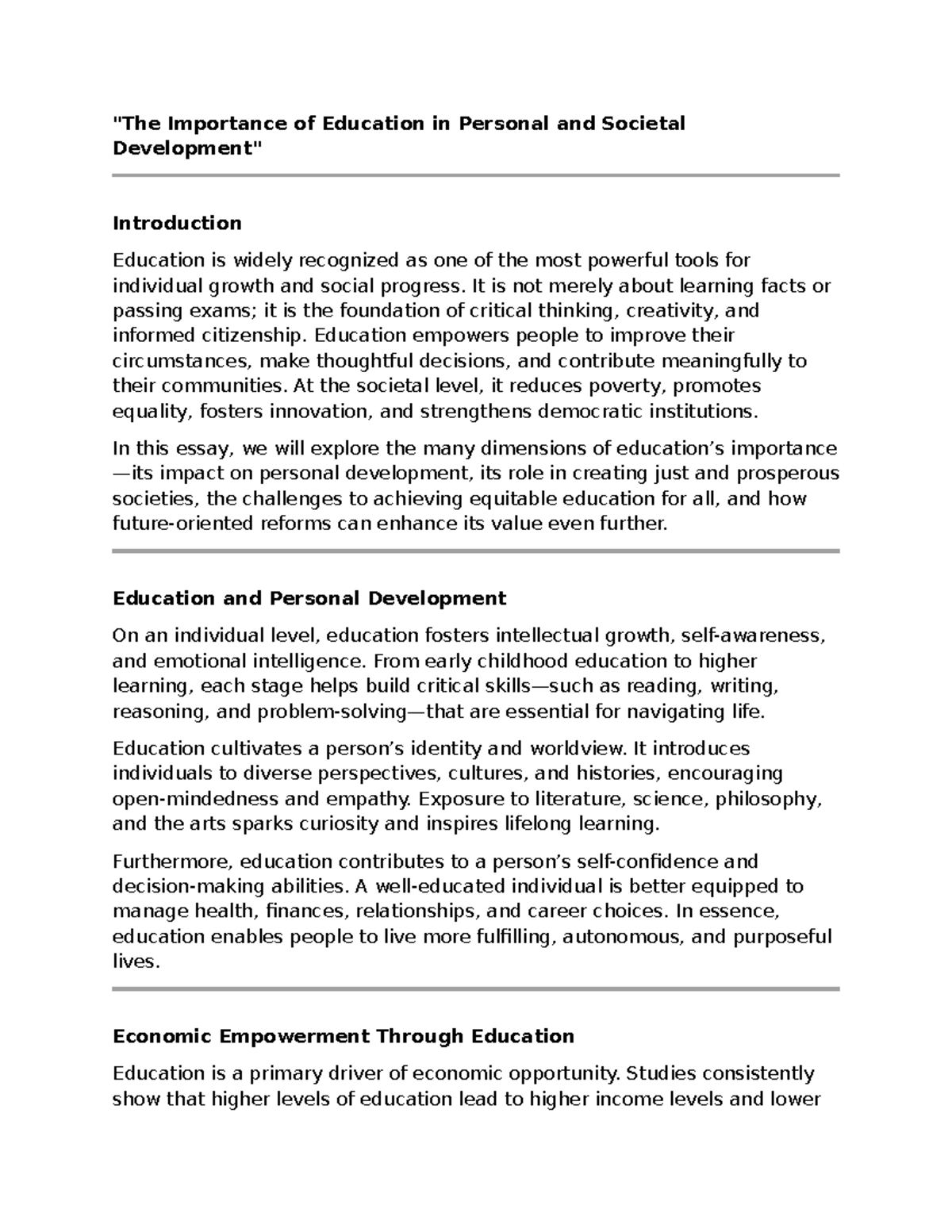 The Importance of Education in Personal & Societal Development Essay ...