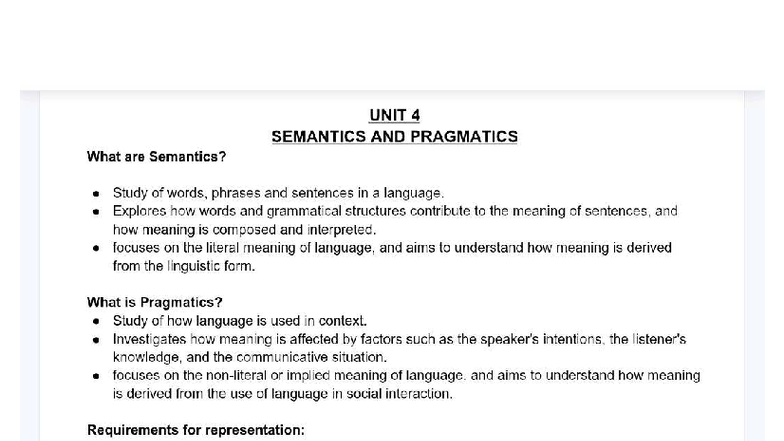 NLP 101: Unit 4 - Semantics and Pragmatics Overview - Studocu