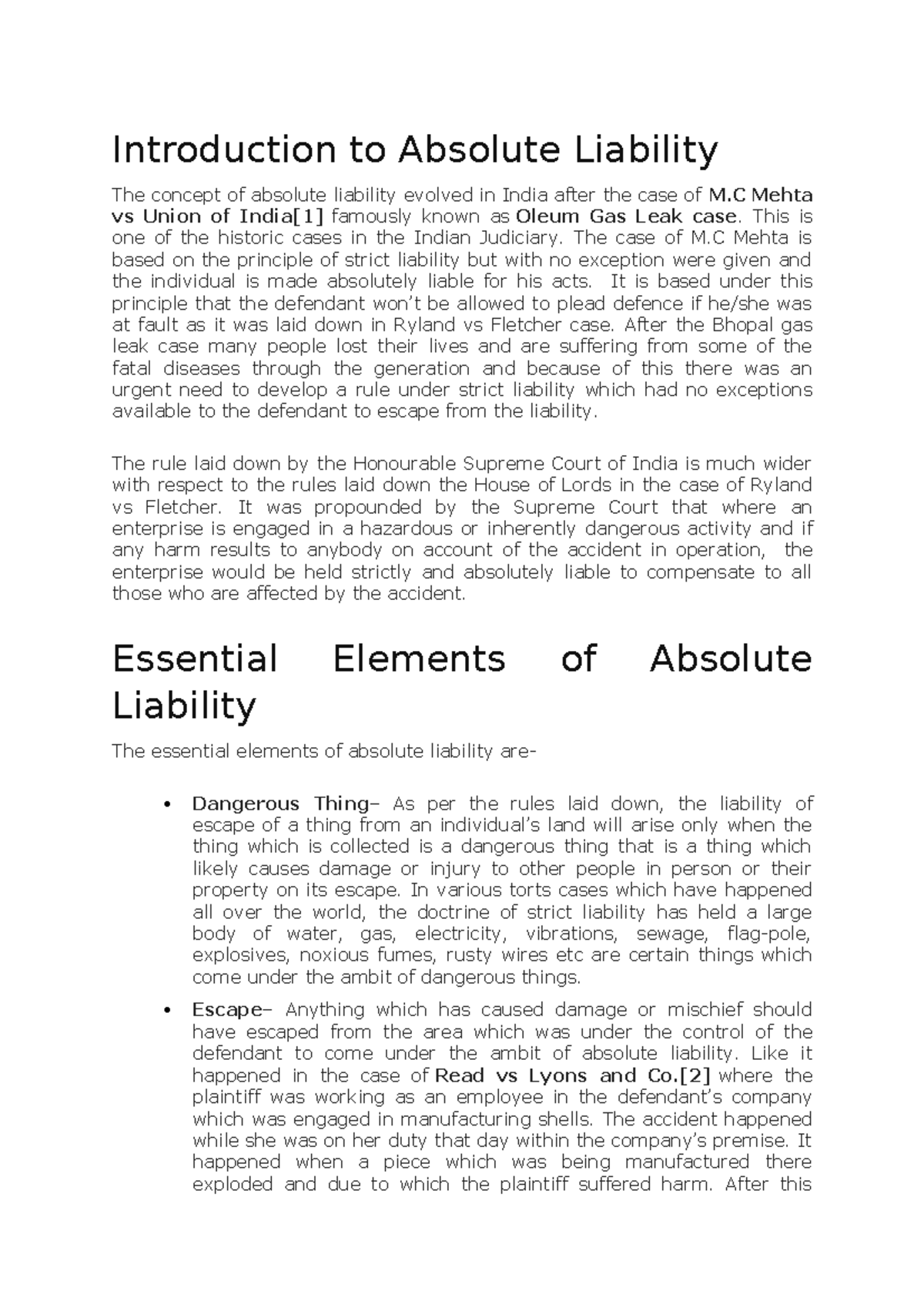 Absolute Liability In TORT OF LAW - Introduction to Absolute Liability ...