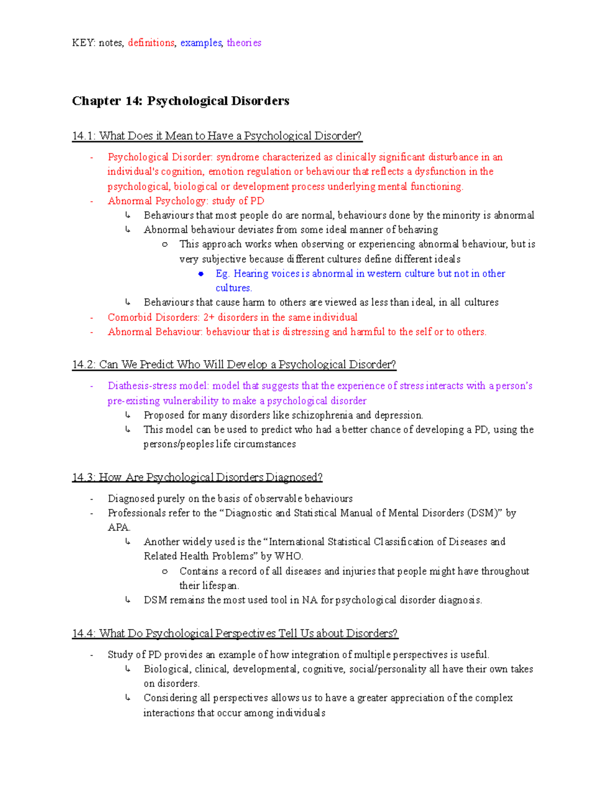 Chapter 14: Psychological Disorders - Key Notes and Definitions - Studocu