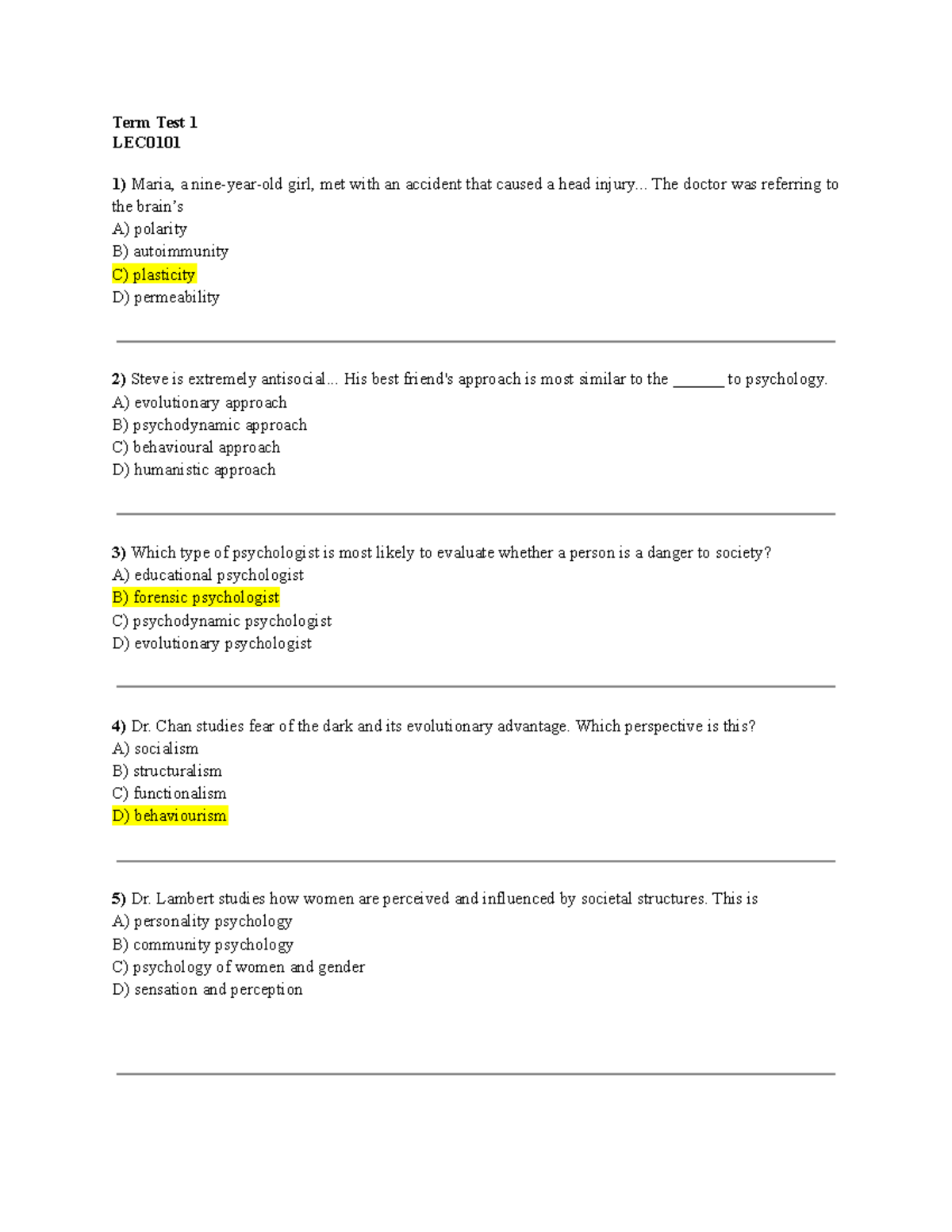 Final Exam Prep for Psychology LEC0101: Key Concepts and Questions ...