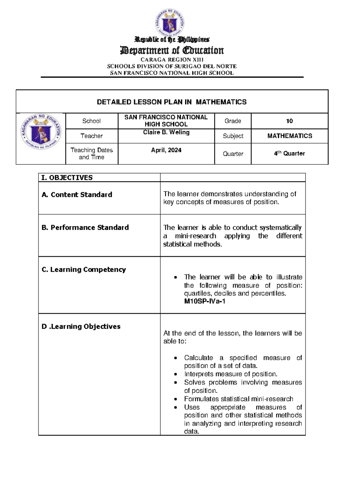 DLP- Quartiles for Ungrouped Data in Grade 10 Mathematics - Studocu