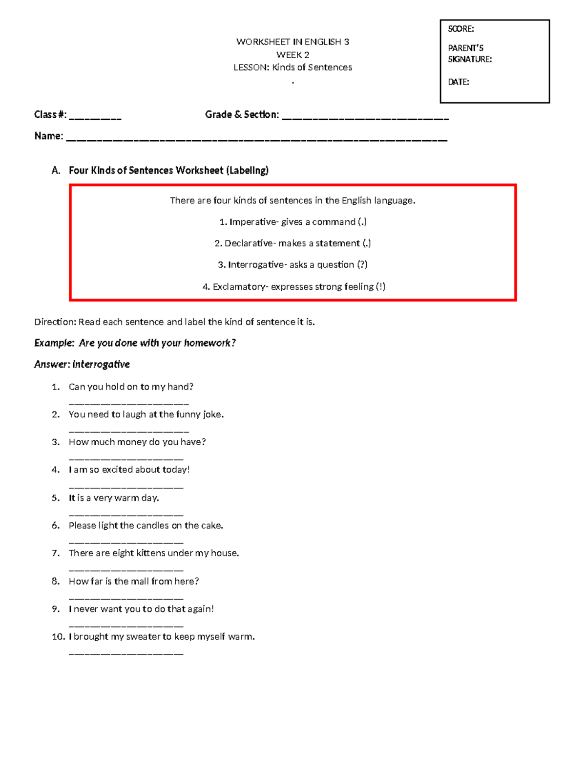 English 3 Week 2 Worksheet: Kinds of Sentences - Studocu