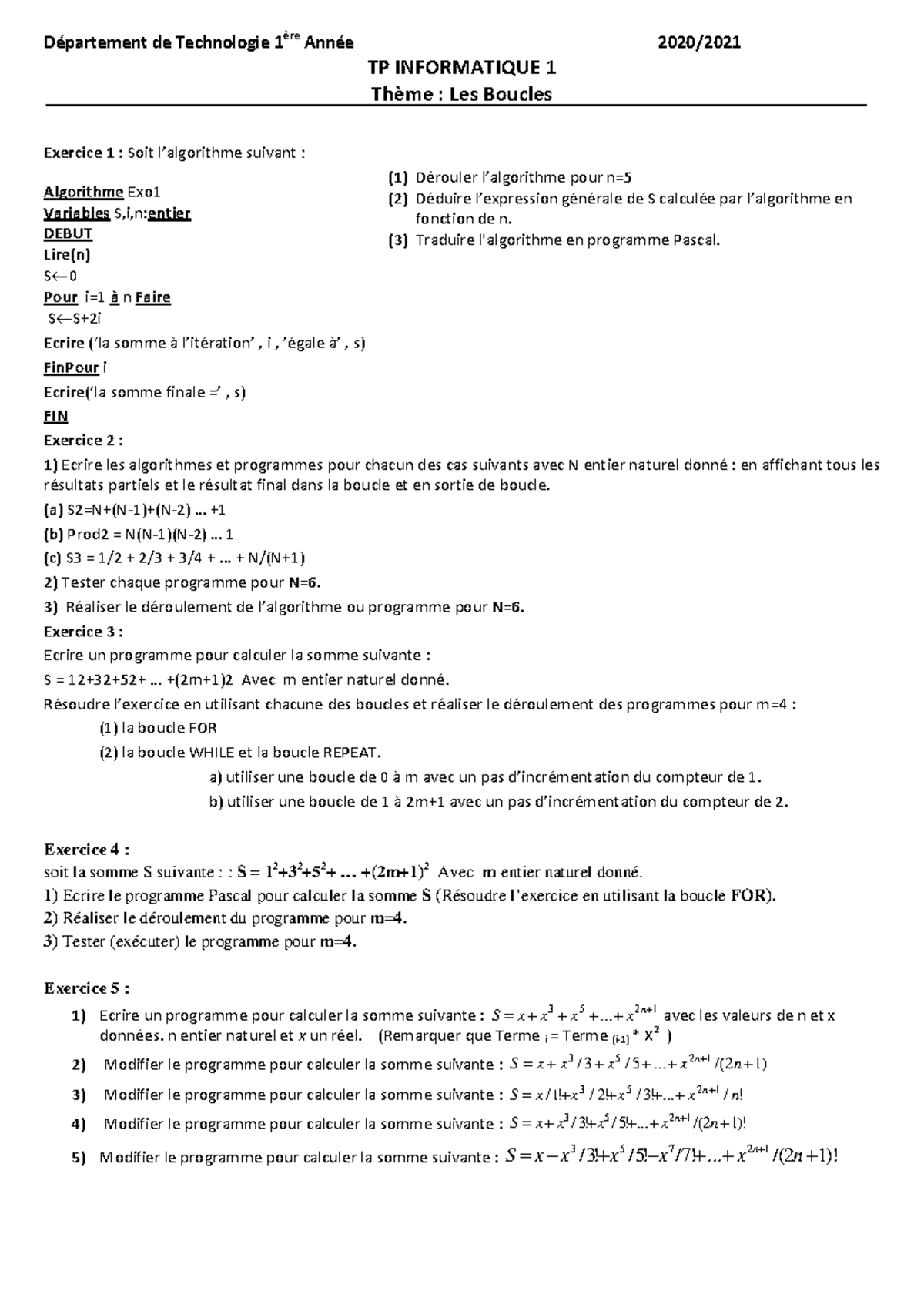 TP INFORMATIQUE 1 - Les Boucles et Algorithmes en Programmation - Studocu
