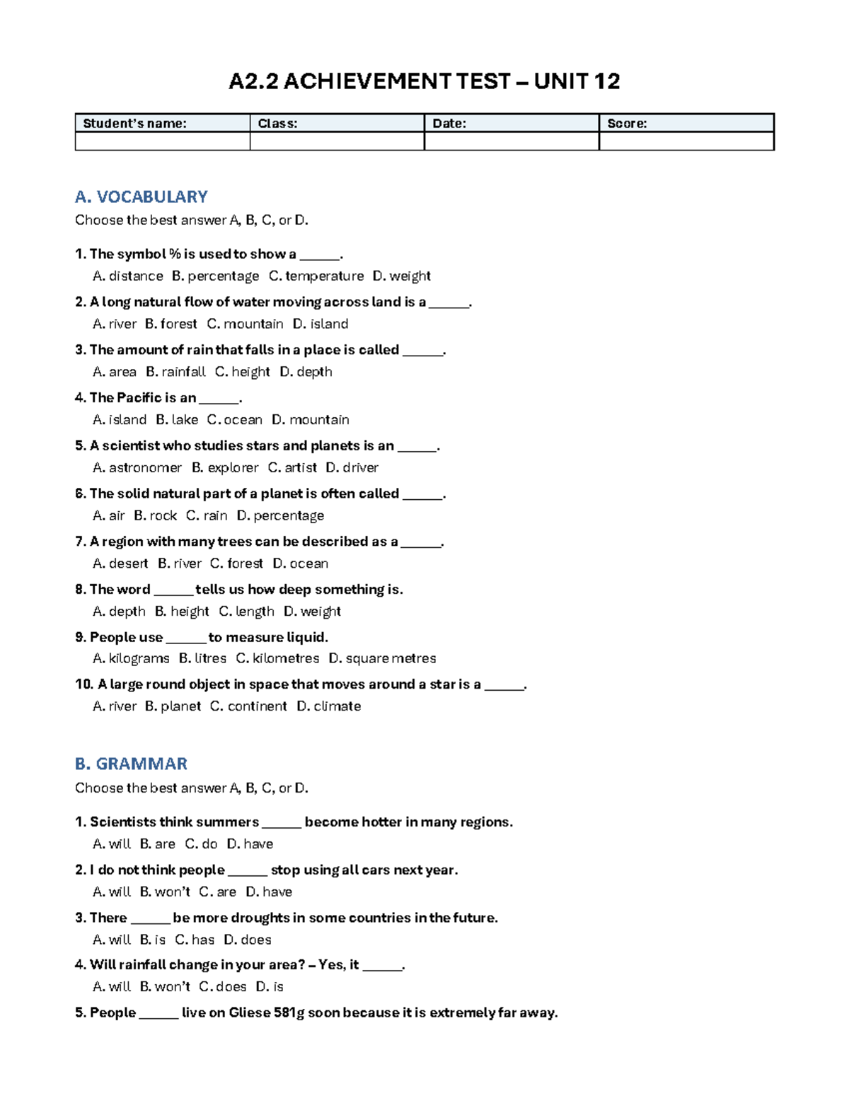 A2.2 Unit 12 Achievement Test: Vocabulary, Grammar, Reading & Writing ...