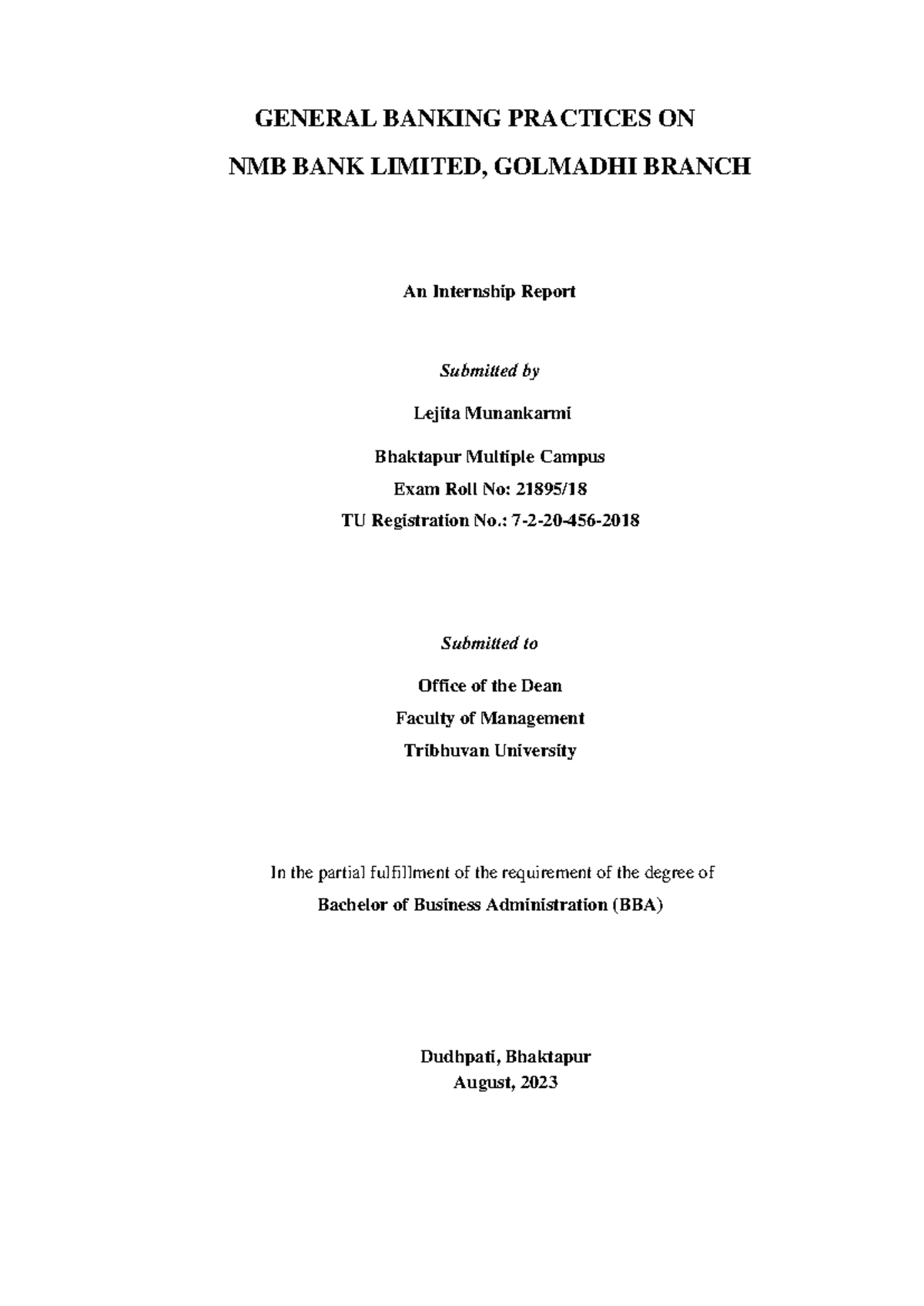 BBA Internship Report: General Banking Practices at NMB Bank Ltd. - Studocu